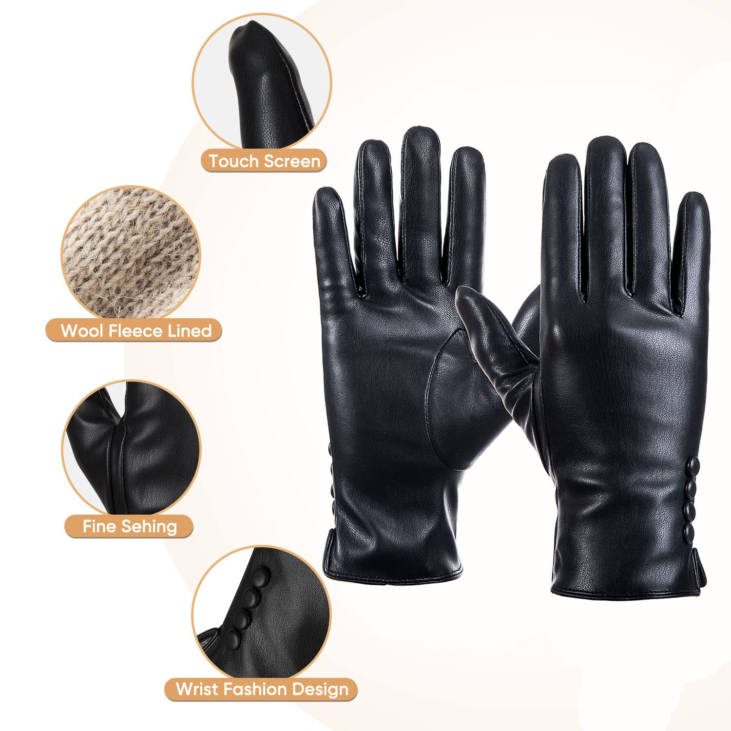 Alepo Winter PU Leather Gloves For Women, Warm Thermal Touchscreen Texting Typing Dress Driving Motorcycle Gloves With Wool Lining (Black-L)