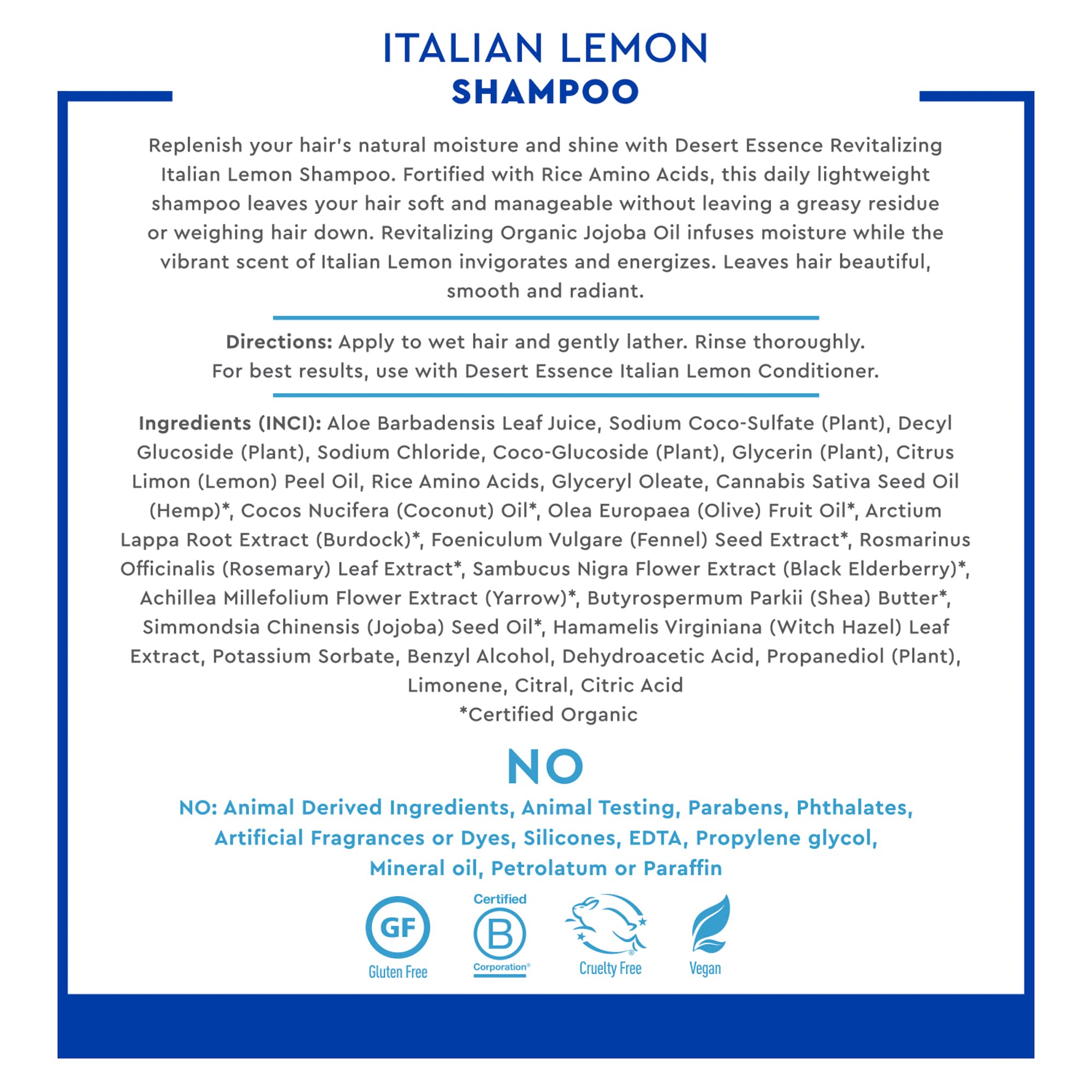 Desert Essence Italian Lemon Shampoo - 8 Fl Oz - Revitalizing - Adds Volume - Shine - Strength Scented - Certified Organic - Aloe Vera - B-complex Vitamins - Cruelty Free - No Parabens