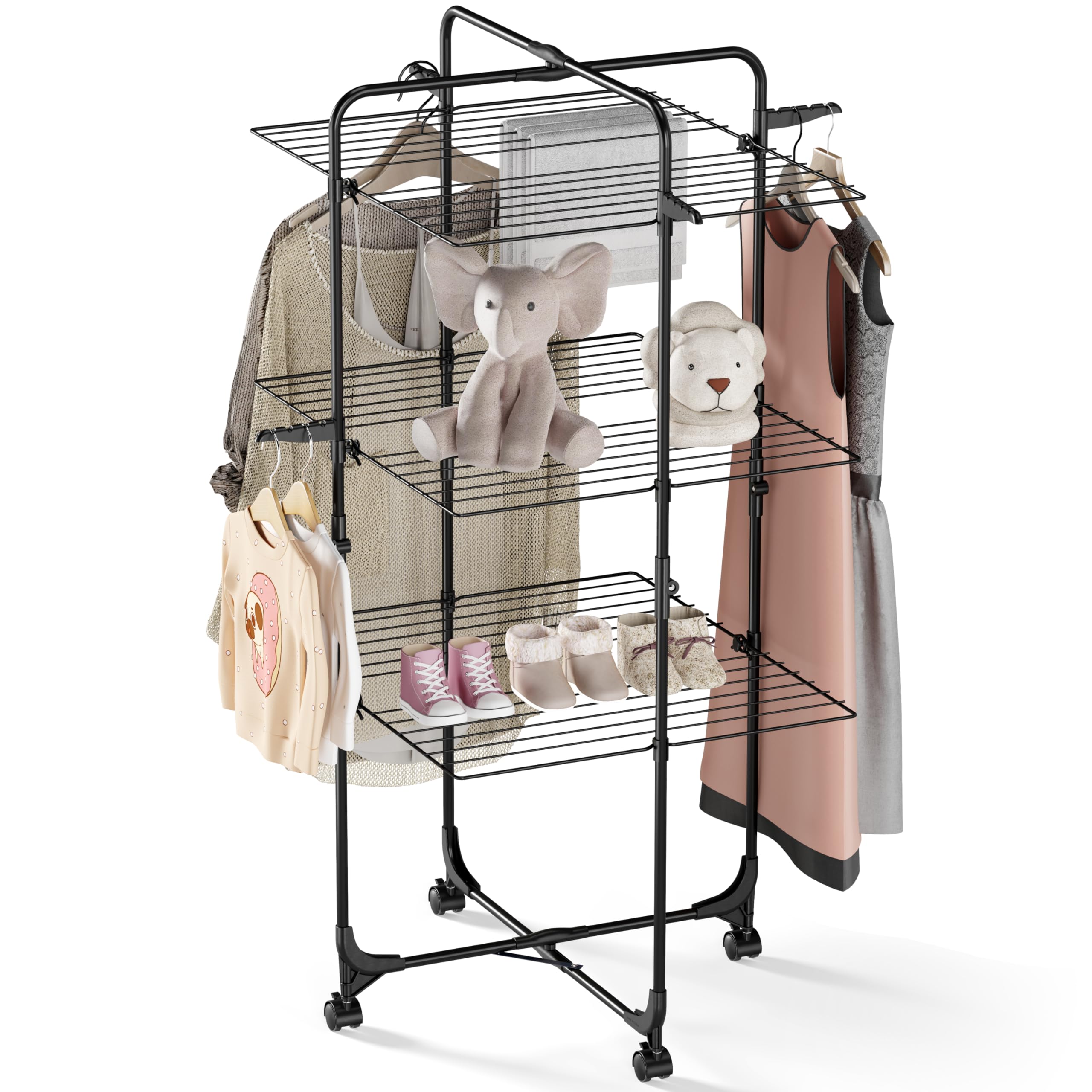 APEXCHASER Clothes Drying Rack, 3-Tier Collapsible Laundry Rack Stand Garment Drying Station with Wheels and 4 Hooks, Indoor-Outdoor Use, for for Bed Linen, Clothing, Socks, Black