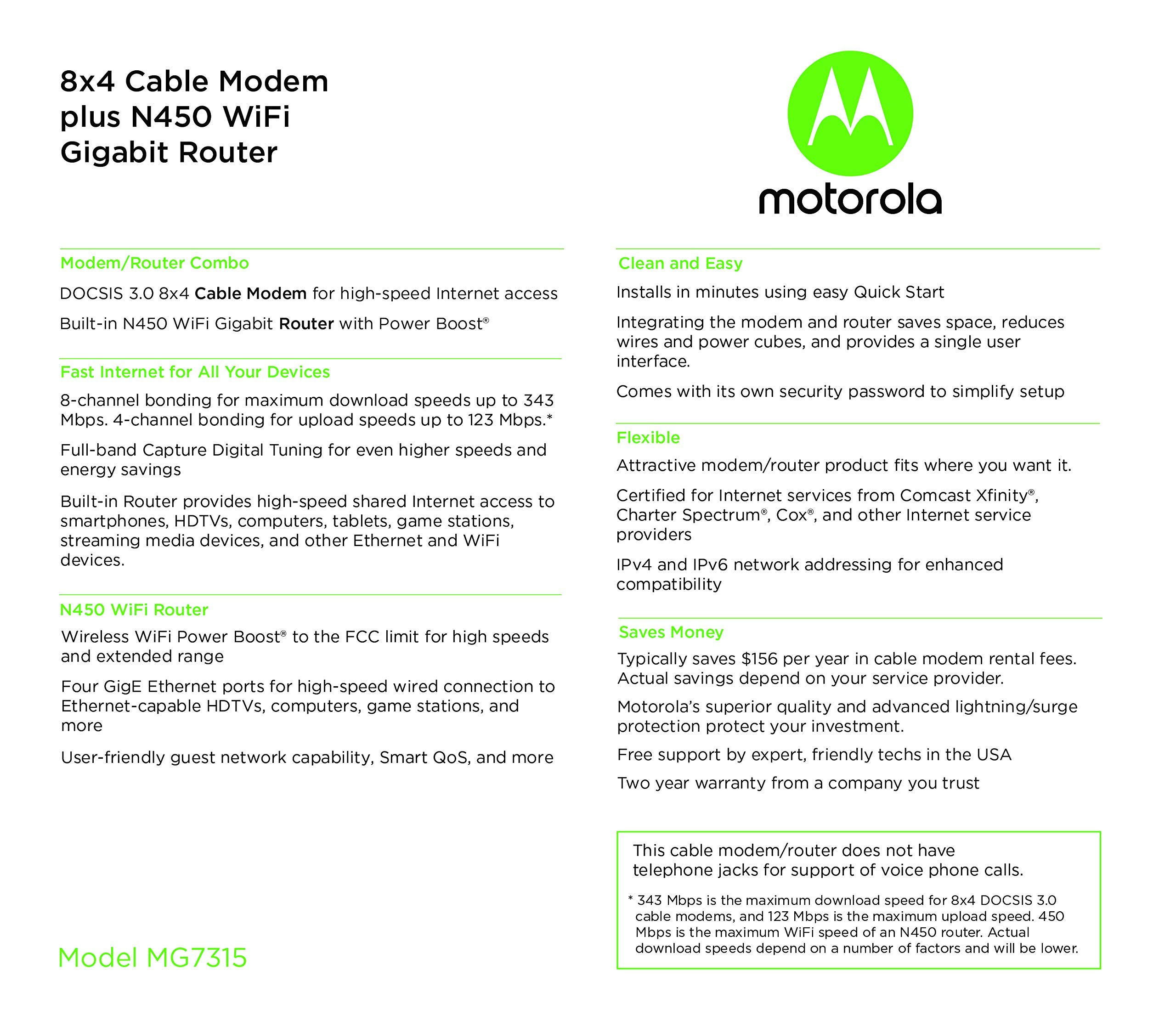 Motorola MG7315 Modem WiFi Router Combo | DOCSIS 3.0 Cable Modem + N450 Single Band Wi-Fi Gigabit Router | 343 Mbps Max Speeds | Approved by Cox and Spectrum