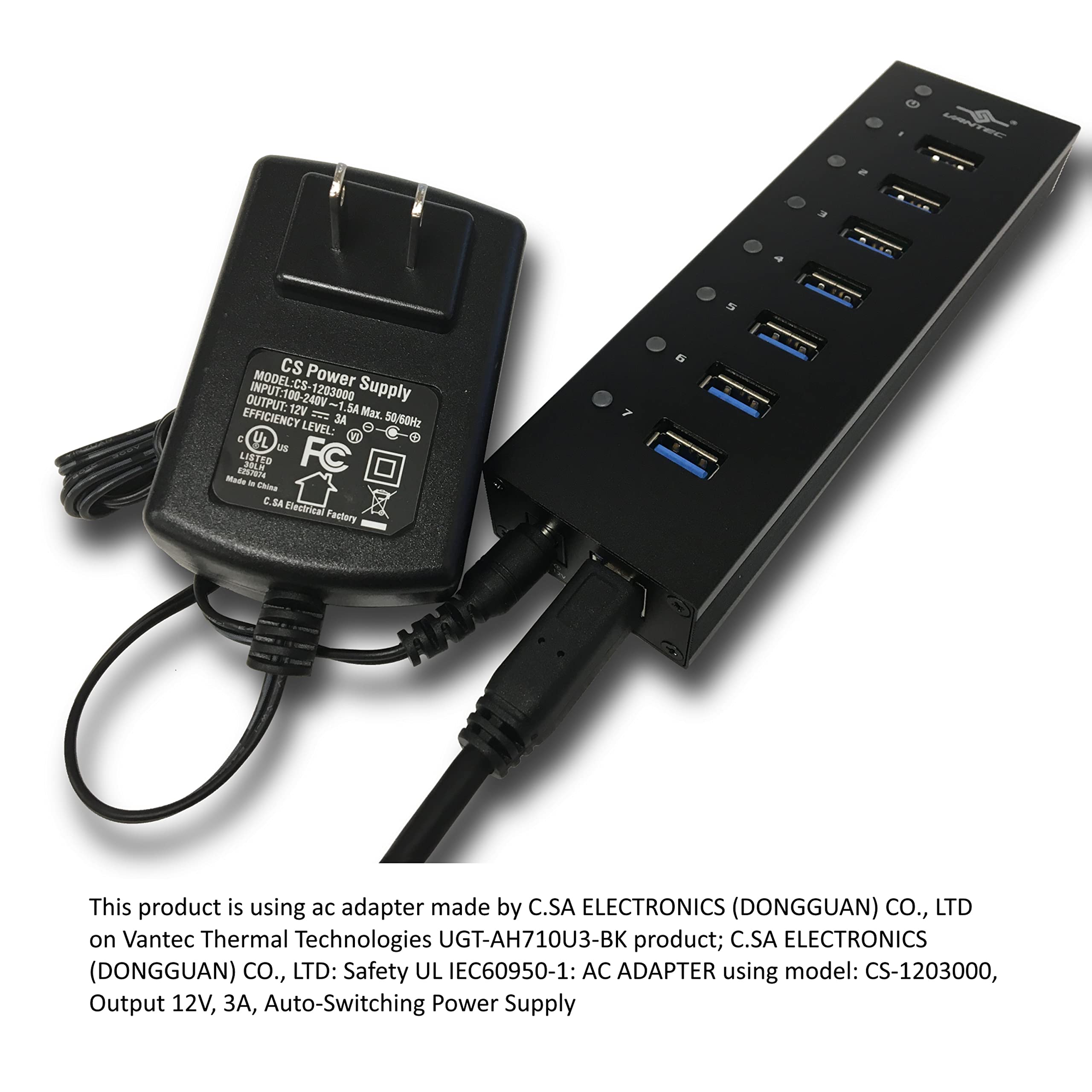 Vantec 7-Port USB 3.0 Hub, Aluminum, Full Powered, Mountable, with All Ports Data & Charging Up to 1.5A, BC 1.2, Premium 12V/3A, 36W Power Adapter (UGT-AH710U3-BK),Black