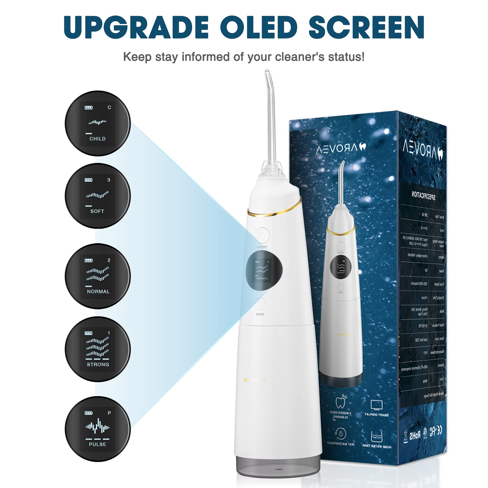 AROVEA Water Flosser, 5 Professional Modes, 8 Replaceable Jet Tips - IPX7 Waterproof, Powerful Rechargeable Battery Life, Oral Dental flosser for Home Travel