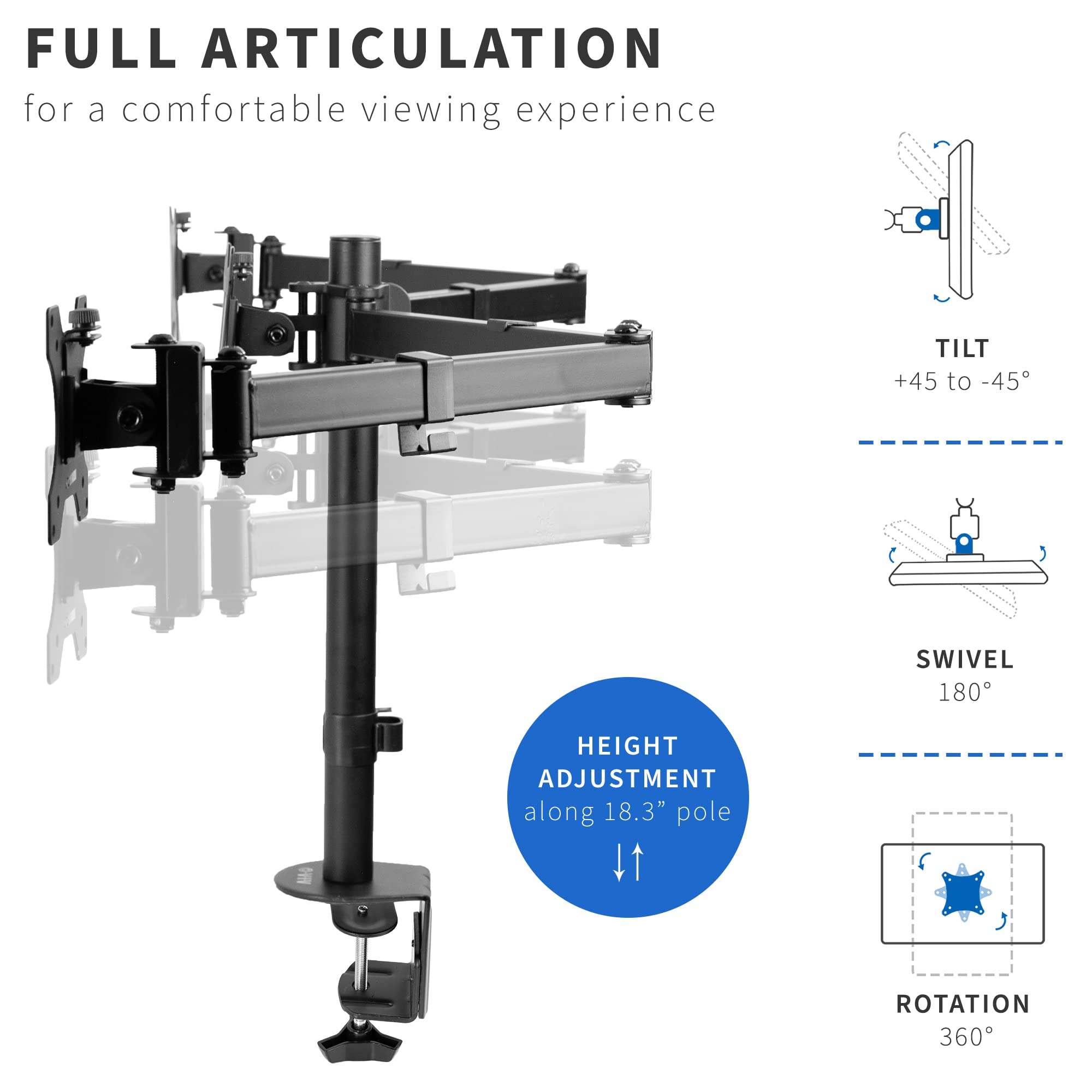VIVO Triple Monitor Adjustable Desk Mount, Articulating Tri Stand, Holds 3 Screens up to 24 inches, Black, STAND-V003Y