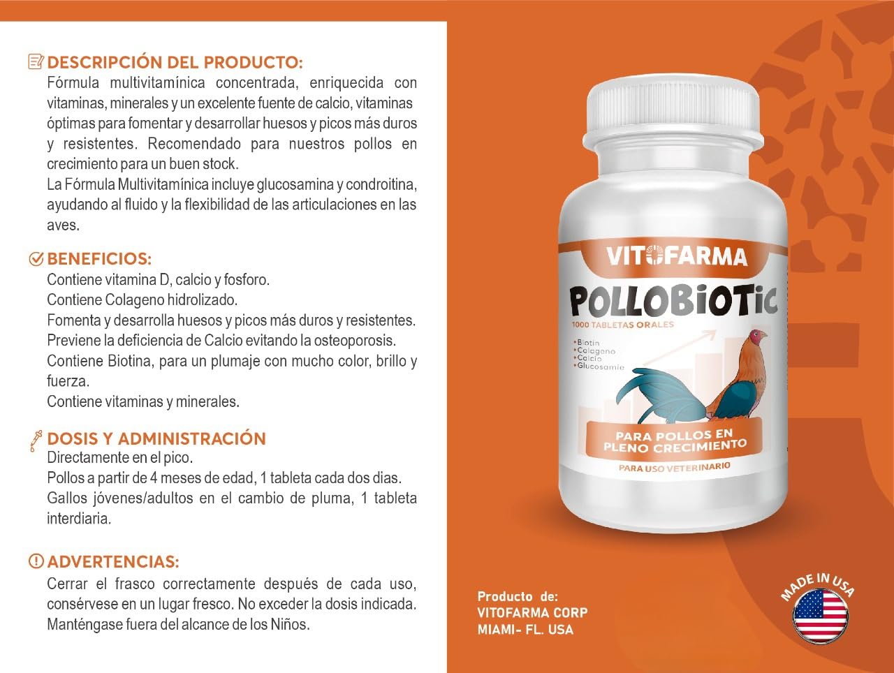 VITOFARMA POLLOBIOTIC - Essential Vitamin Supplement for Optimal Health and Performance in Chickens and Roosters - 100 Tablets