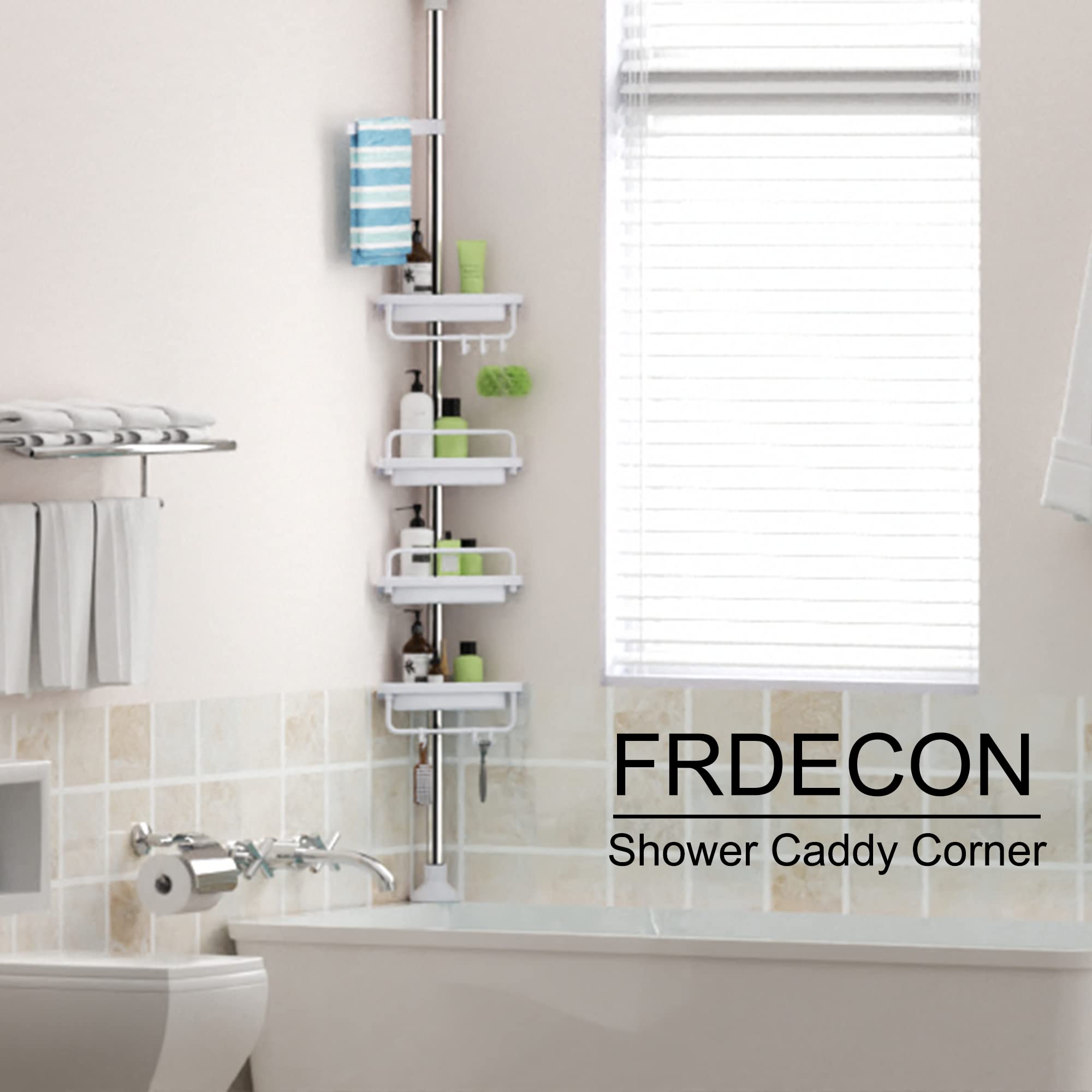 FRDECON Rustproof Shower Caddy Corner for Bathroom, 4-Tier Tension Pole Stainless Steel Shower Organizer, 56 to 115 Inch Adjustable Bathtub Shower Shelf Storage with 1 Tower Bar, White