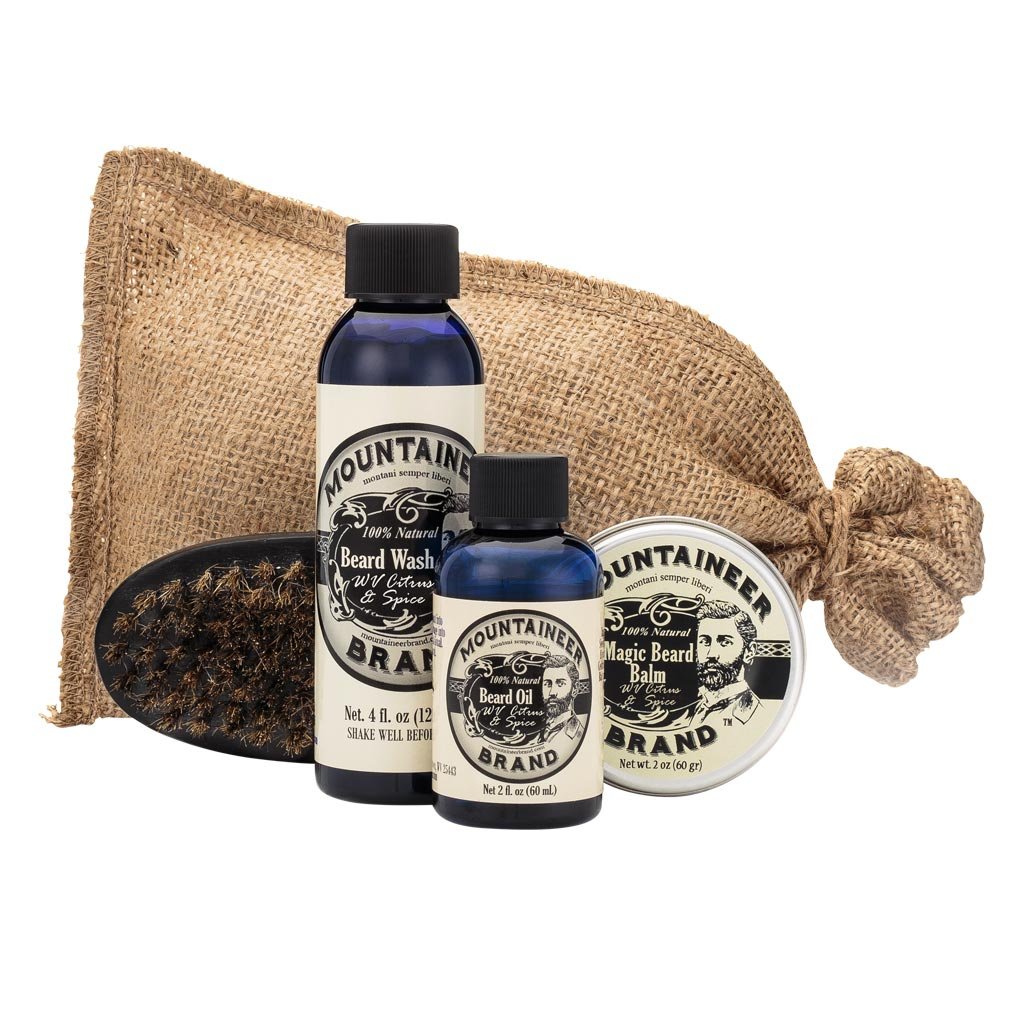 Mountaineer Brand Beard Grooming Kit for Men | Beard Oil, Conditioning Balm, Wash, Brush | Mustache Growth Essentials | WV Citrus & Spice Scented
