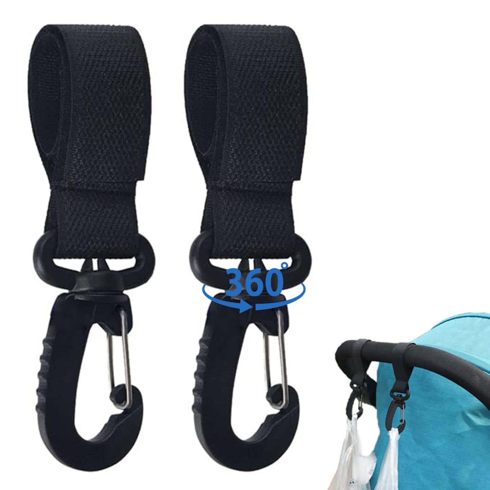 Baby Stroller Hooks, Stroller Hooks for Hanging Diaper Bags, 360° Rotatable Multipurpose Hooks for Grocery Shopping Bags, Easy to Attach Stroller Clips for Bags, 2PCS