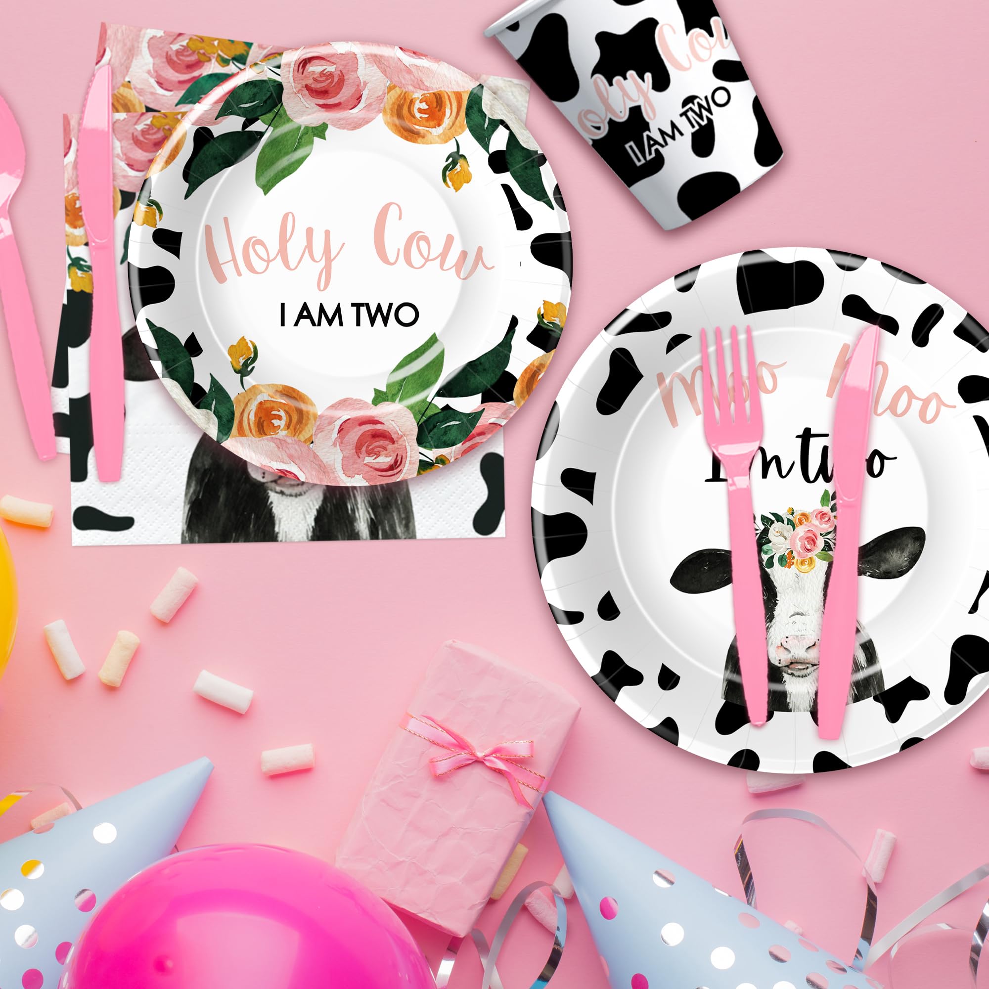 APOWBLS Moo Moo Im Two Birthday Decorations Tableware Girl - Cow 2nd Birthday Party Supplies, Plate, Napkin, Tablecloth, Fork, Holy Cow Two Year Old Birthday Party Decorations Dinnerware | Serve 24