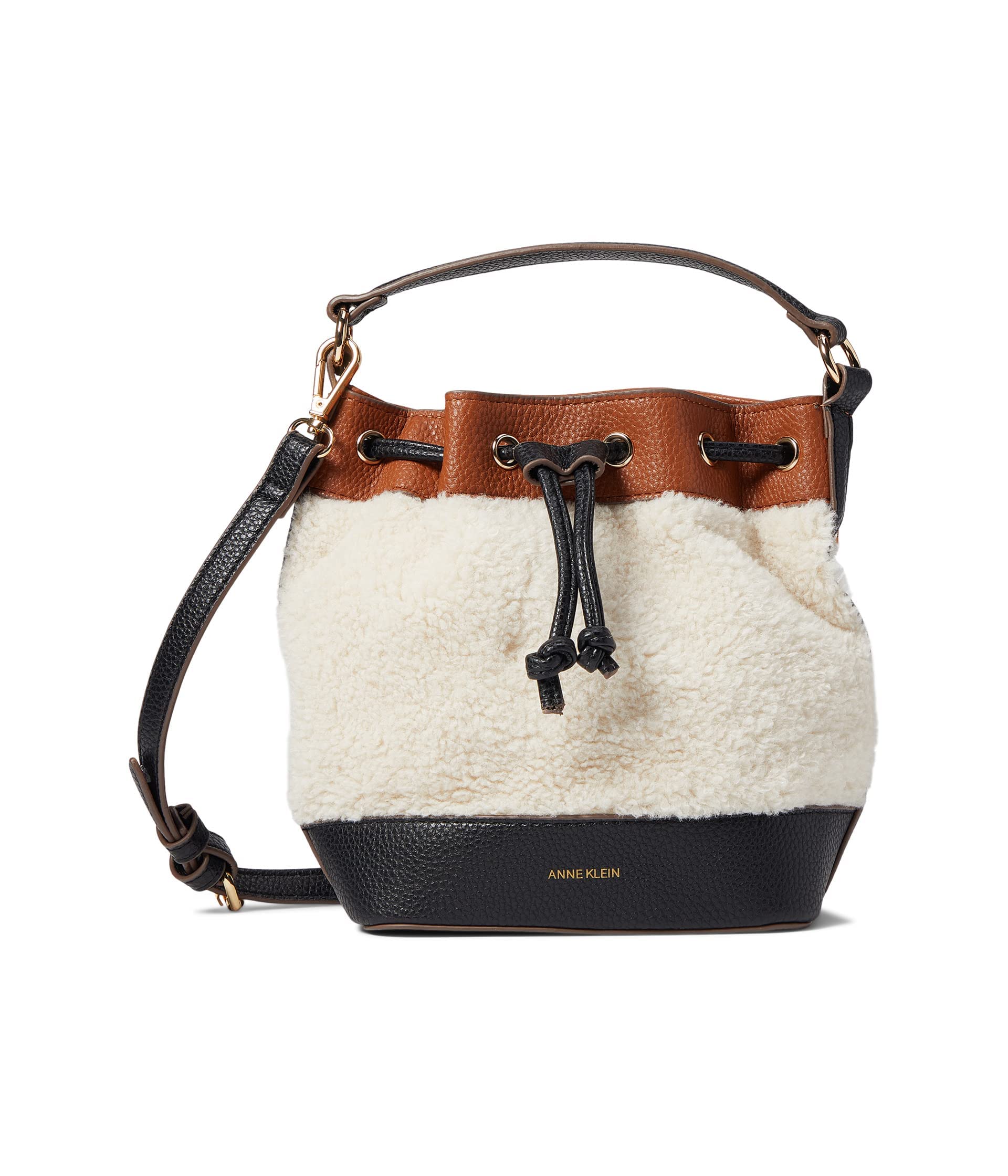 Anne Klein Womens Anne Klein shearling bucket crossbody, Cream W/ Saddle-black, One Size US