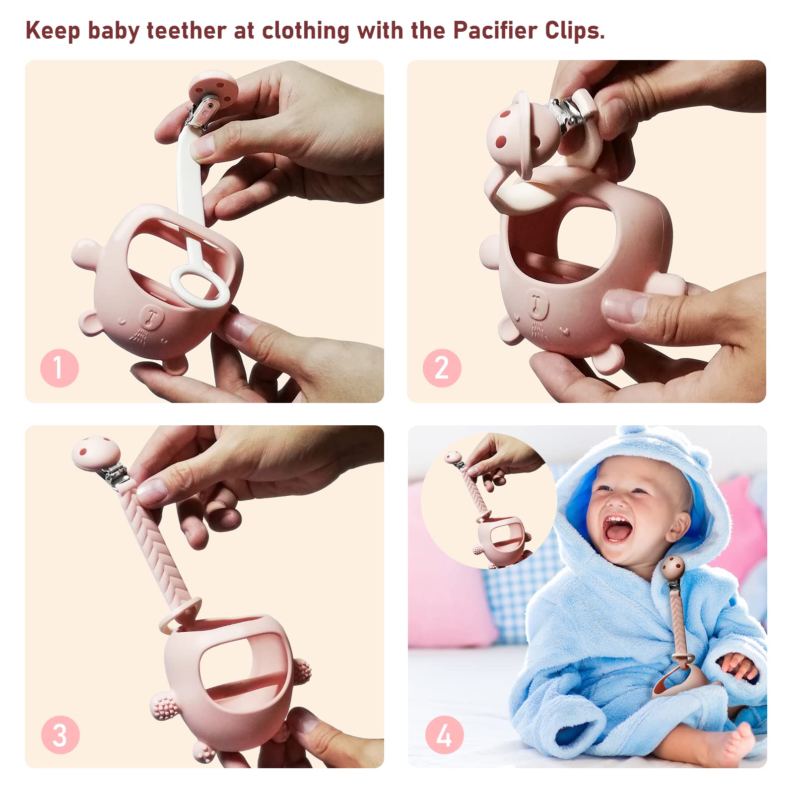 Baby Teether for 0-6 Months 2 Pack Never Drop Baby Teething Toys for 6-12 Months+1 Pack Pacifier Clip,Silicone Baby Chew Toys for Infant Sucking Needs,Baby Toys 3-6 Month Baby Mitten Teether(Pink)