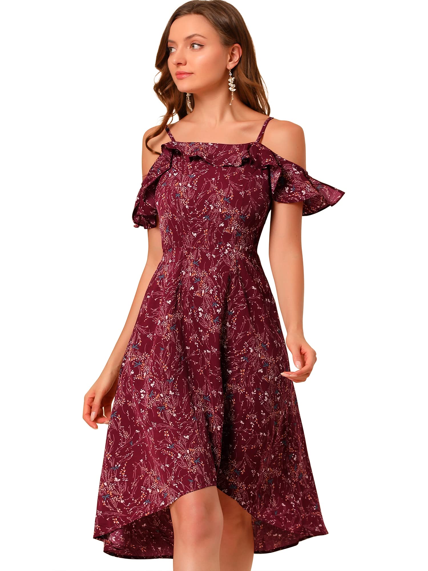 Allegra K Women's Spaghetti Strap Ruffled Sleeves Asymmetrical High Low Floral A-Line Midi Dress Large Wine Red
