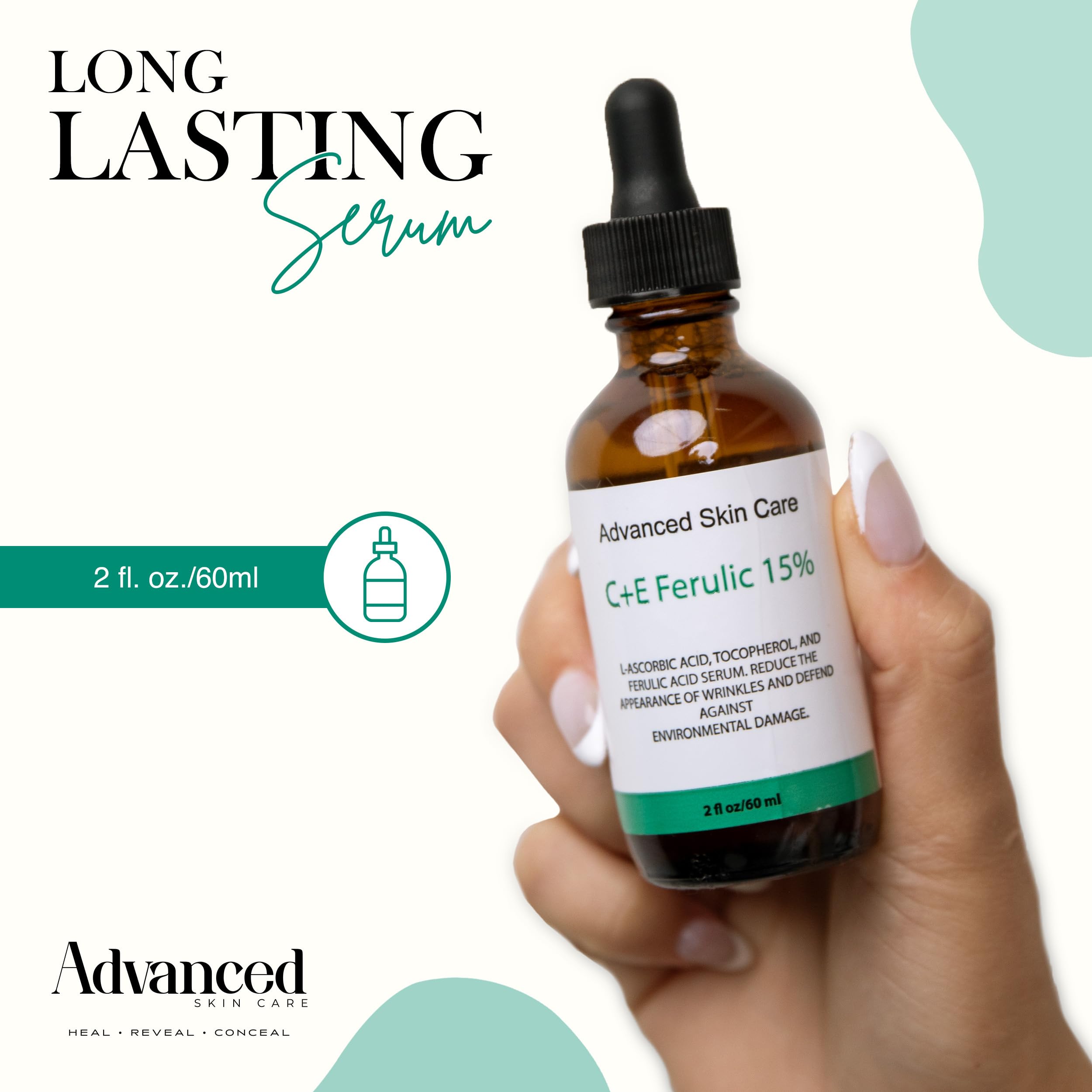 Advanced Skin Care 15% Vitamin C E Ferulic Acid Serum, 2 Oz / 60 ml - Unisex, Skin Serum, All Skin Types, UV Protection, Brightening, Rejuvenation