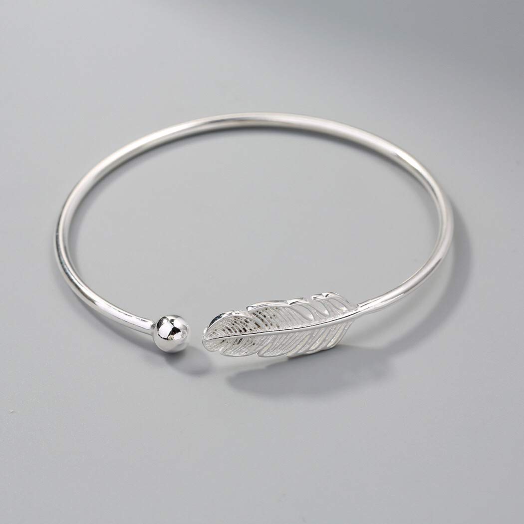 AILUOR 925 Silver Leaf Feather Bangle Bracelet Bohemian style Fashion Charms Bracelets Jewelry Cuff Women Adjustable (Silver)