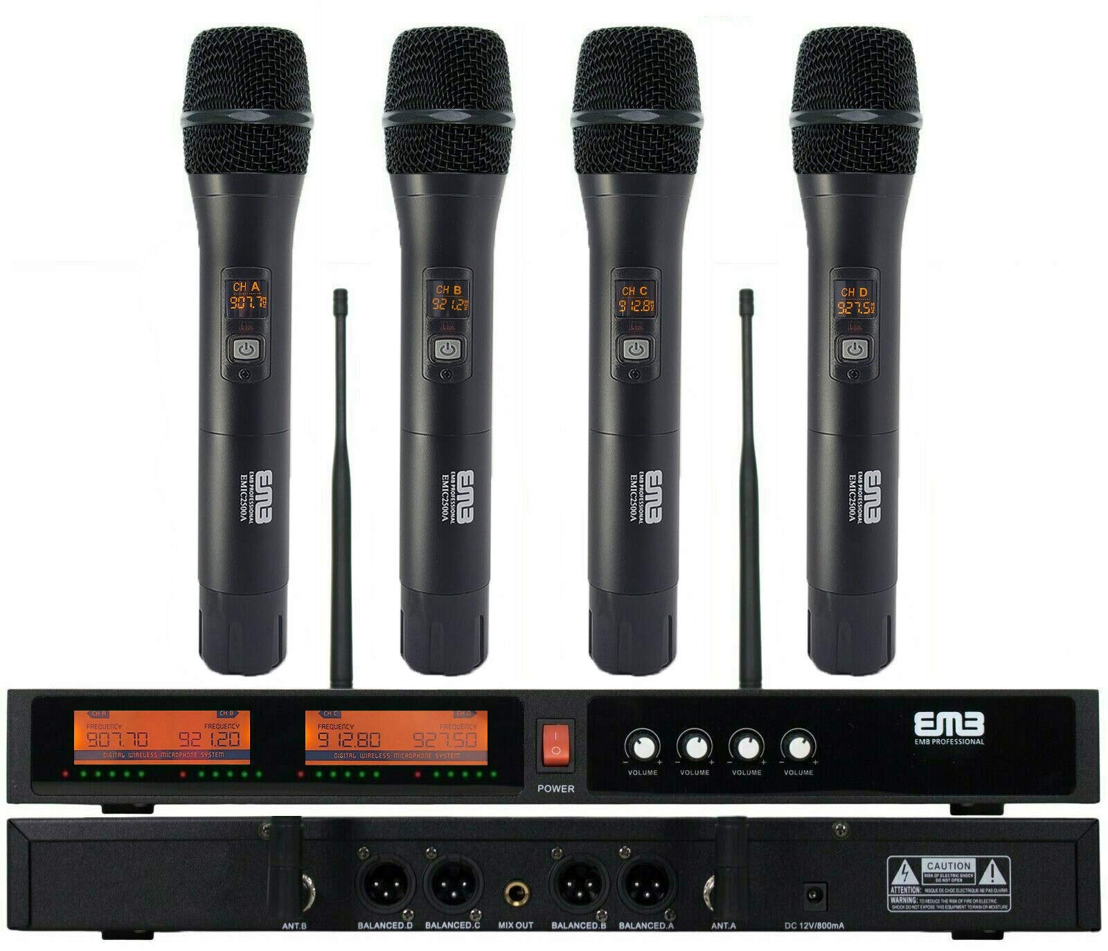 EMB EMIC2500 Wireless Microphone System 4-Channel UHF Cordless Mic Set with Four Handheld Mics, All Metal Build, Fixed Frequency, Long Range 260ft, Ideal for Church, Karaoke, Weddings, Events