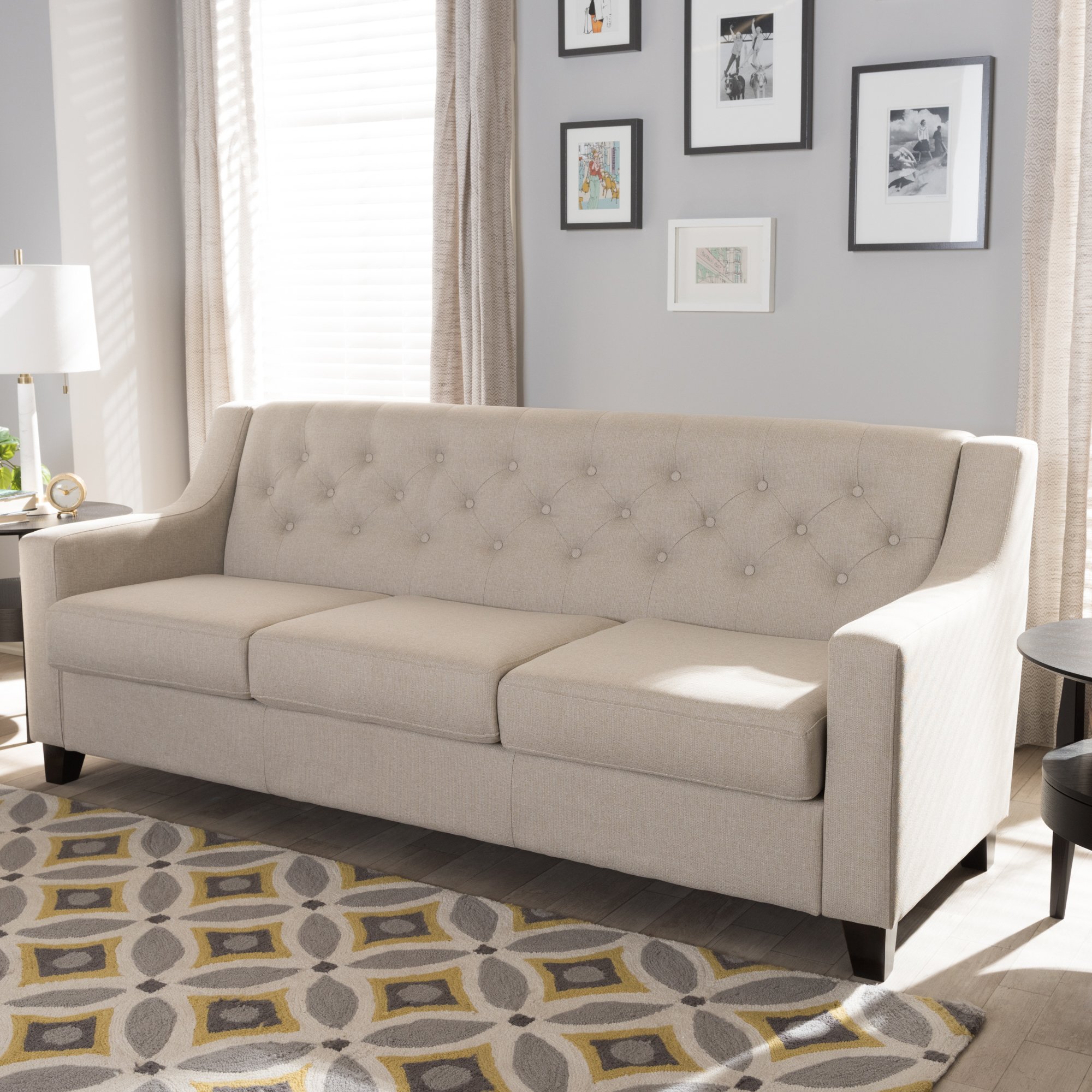 Baxton Studio Gervaise Modern and Contemporary Fabric Upholstered Button-Tufted Living Room 3-Seater Sofa, Light Beige