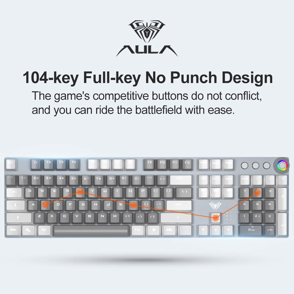 AULA F2088 Grey Mechanical Keyboard Wired with Wrist Rest, Media Knob, PBT Keycaps, White LED Backlit, 104 Keys Programmable Ergonomic Gaming Keyboards for PC MAC Desktop Computer Gamer (Black Switch)