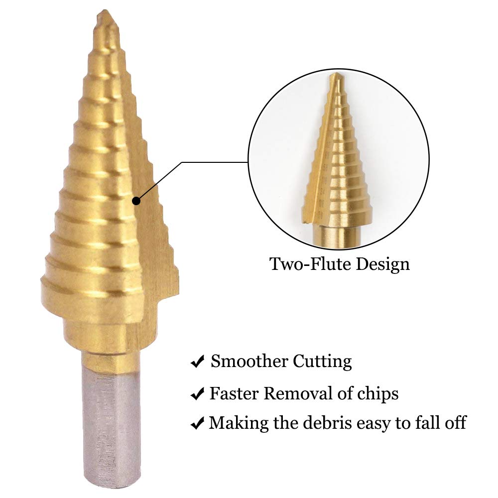 Saiper Titanium Step Drill Bit 3/16" to 7/8" (12 Step Sizes) HSS 4241 Triangle Handle Step Drill Bits Drill Holes for Plastic, Aluminum, PV Plate
