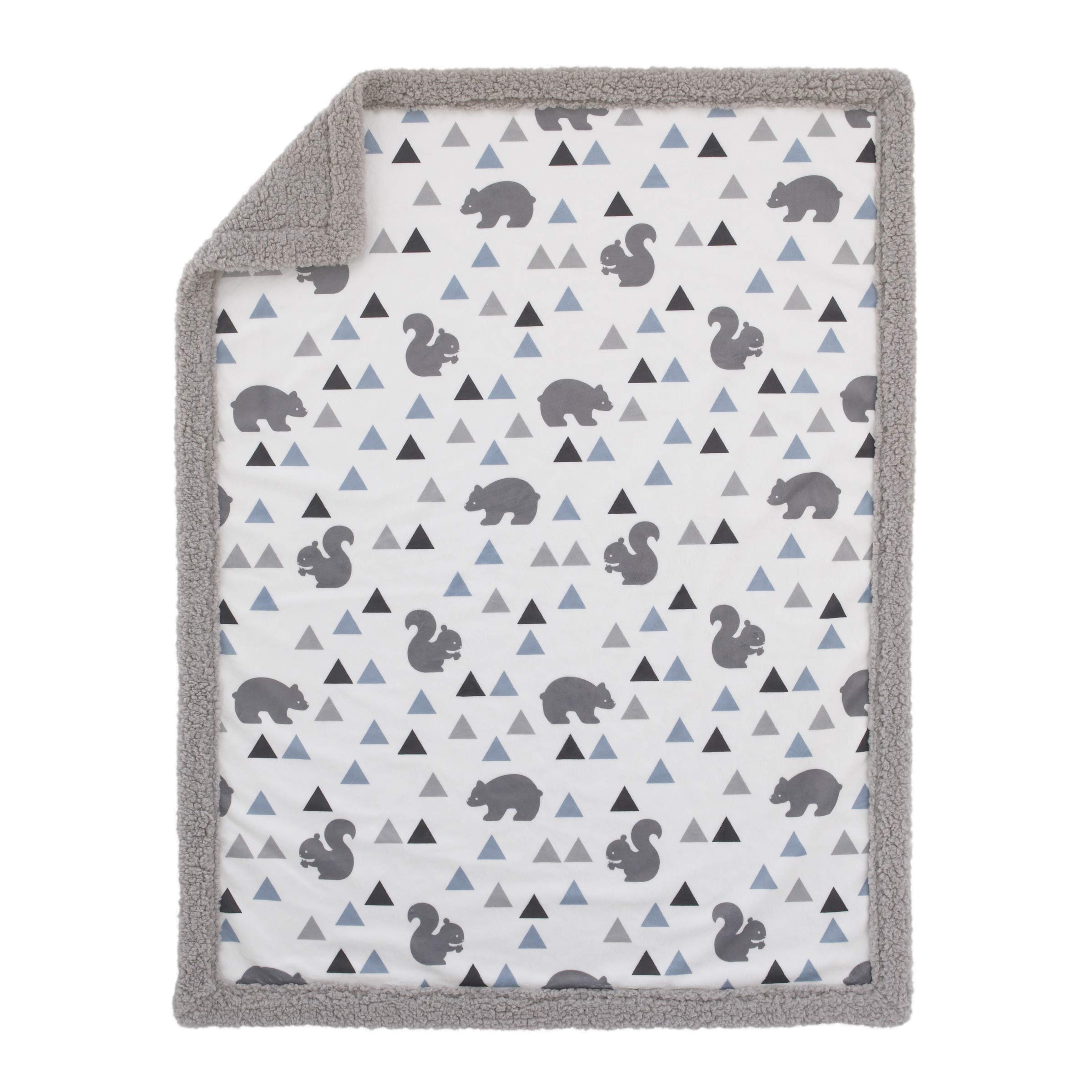 NoJo Mountain Patchwork - Grey, Denim, Slate Blue, Charcoal 4 Piece Nursery Crib Bedding Set- Comforter, 100% Cotton Fitted Crib Sheet, Dust Ruffle, Baby Blanket