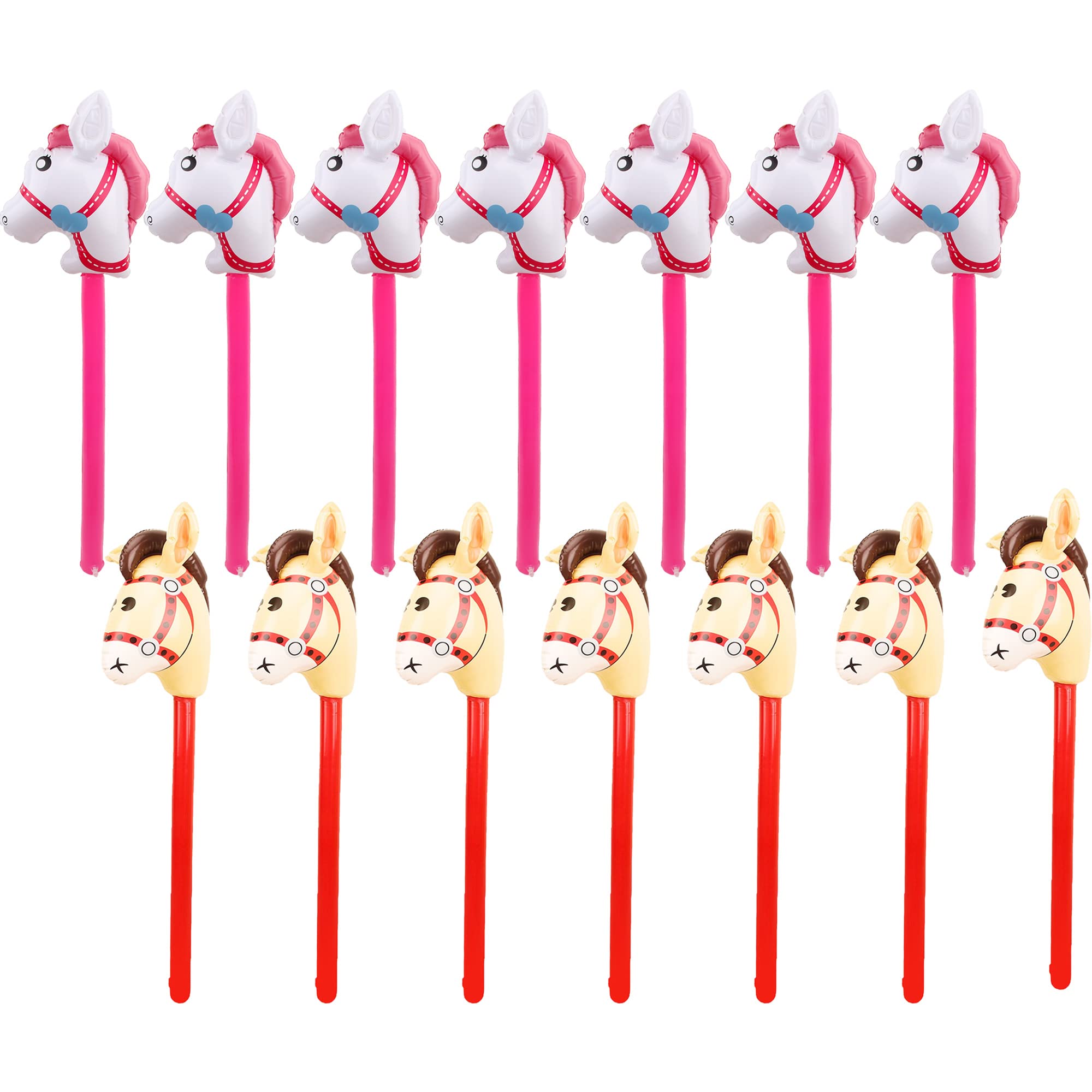 Haconba 14 Pack 40 Inch Inflatable Stick Horse Blow up Cowboy Cowgirl Pony Horse head Stick Balloon for Birthday Christmas Baby Shower Cowboy Theme Party Favors (Color Set 1)