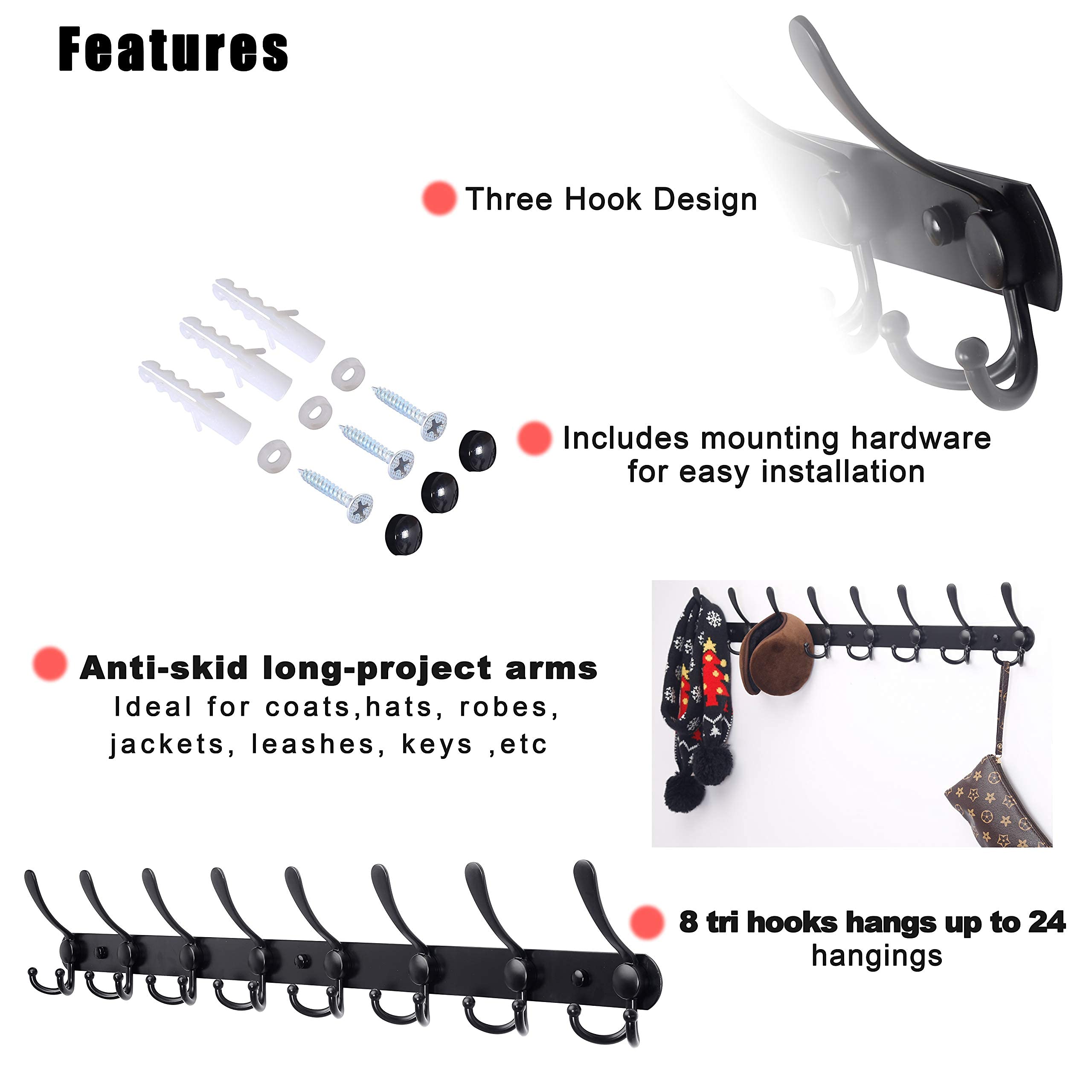 Dseap Coat Rack Wall Mount - 29.5” Long 8-Tri-Hooks Heavy Duty Coat Hanger Rail Wall Hooks for Hanging Coats Hats Clothing Clothes Purse Mudroom Entryway, Black