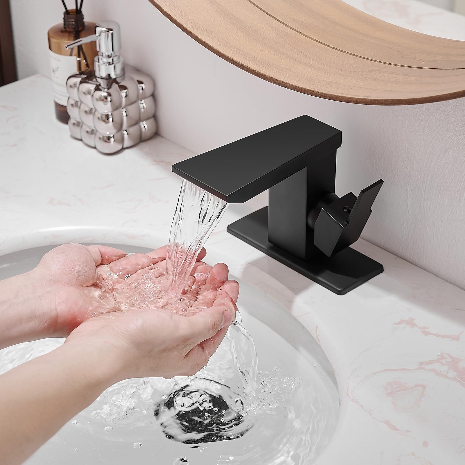 BESy Waterfall Matte Black Bathroom Faucet, Single Hole Or Three Hole Bathroom Sink Faucet with Pop Up Drain, with cUPC Supply Lines Single Handle Vanity Faucets, 6 Inch Deck Plate, Stainless Steel