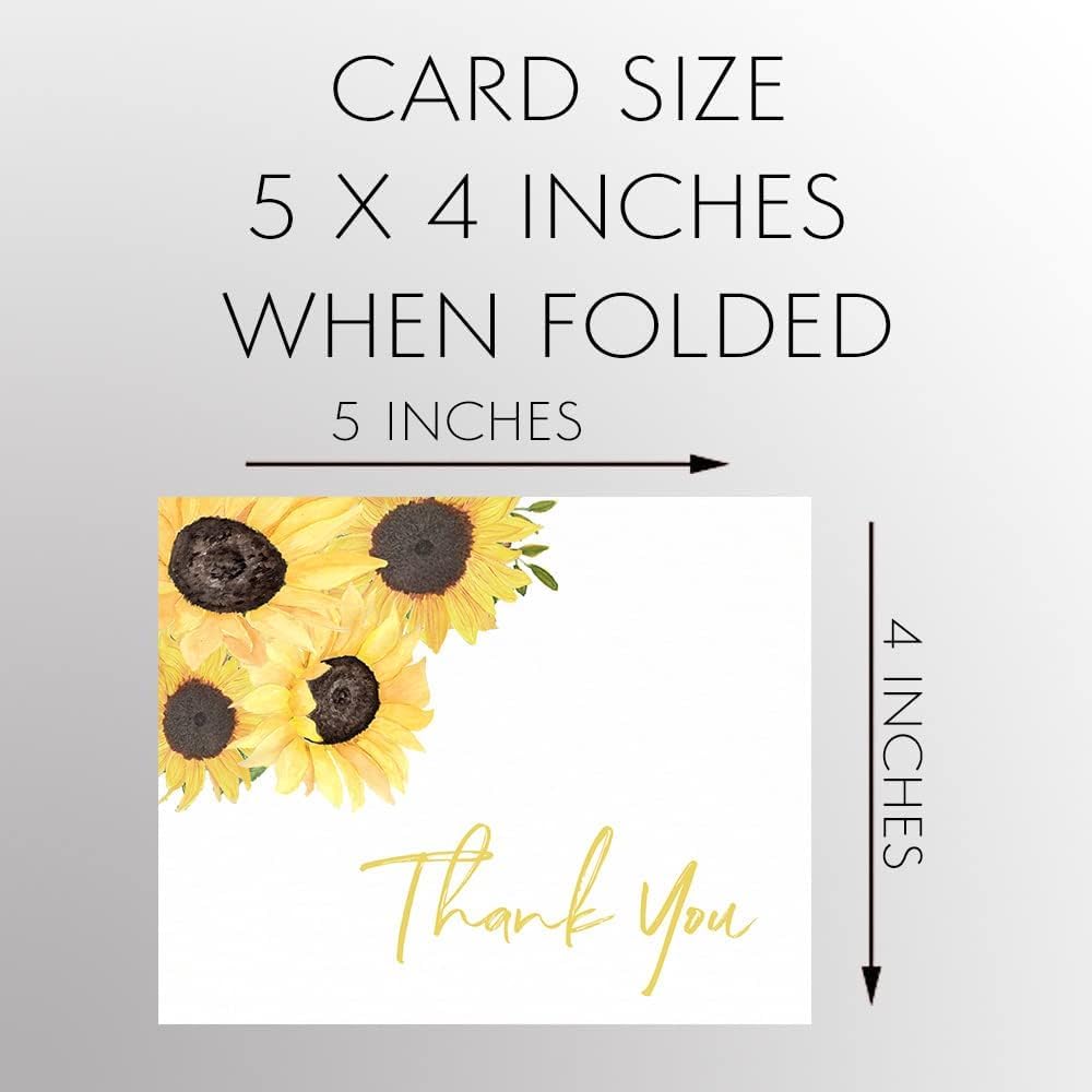 Sunflower Thank You Cards Bridal Shower Wedding Autumn Fall Summer Yellow Flowers Country Thanks Folding Notes (24 count)