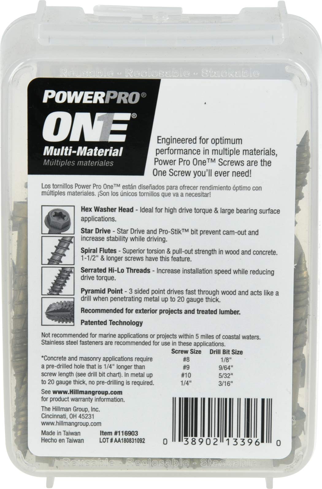 Power Pro Premium One Multi-Material Hex Washer Head Screws, Epoxy Coated Steel, Fasten in Wood, Metal, Concrete, Drywall and Plastic, Bronze, ¼ x 1-¾ inches, Box of 56 Screws