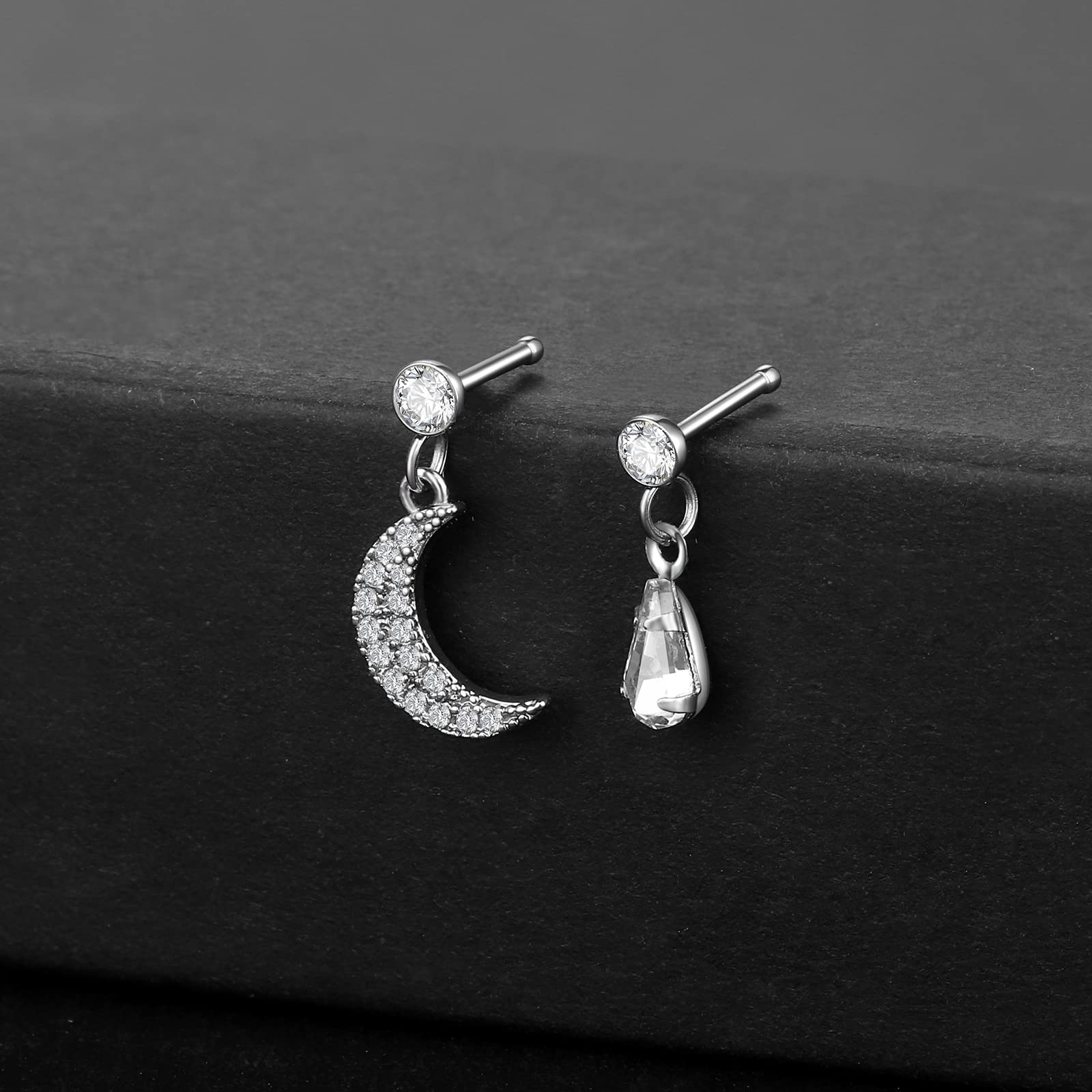 Aumeo 20G Dangle Nose Rings Studs Surgical Steel Bone Shaped Nose Studs Butterfly Star Moon CZ Crystal Dangling Nose Piercing Jewelry for Women (Nose Stud-Moon and Water Drop)