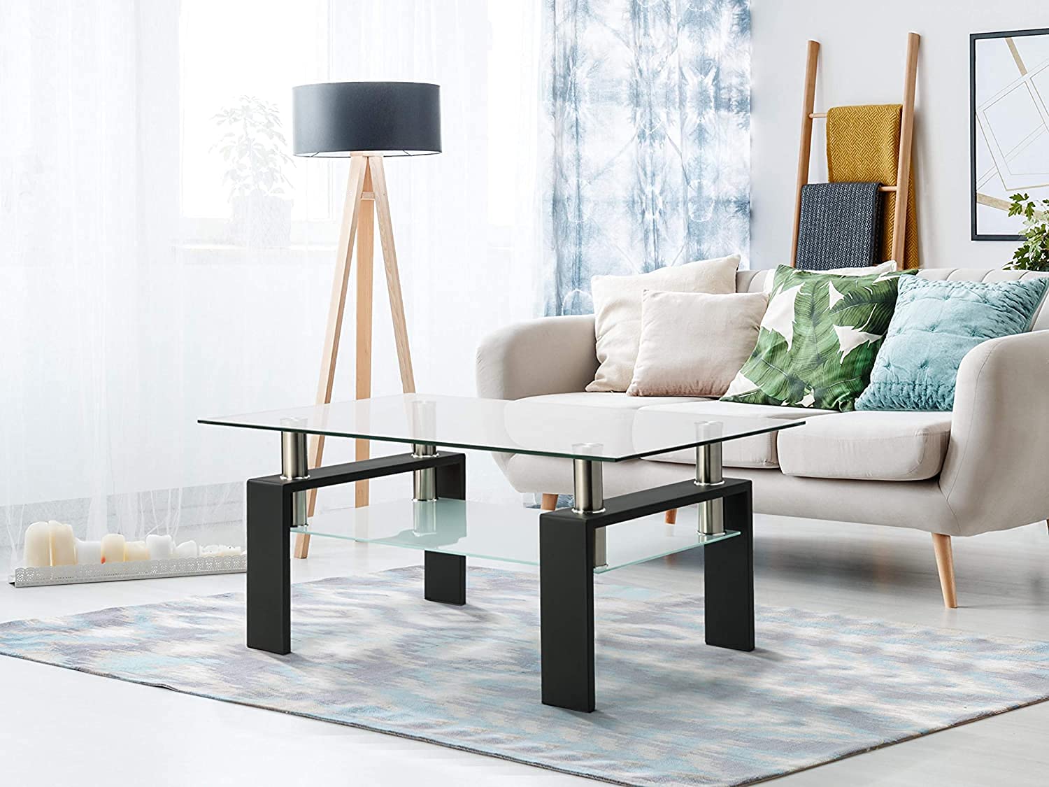 POULEII Living Room Table Set,3 Piece Glass Coffee and End Tables Set for Room,Coffee with Tempered Tabletop Metal Frame Apartment, Small Space Black
