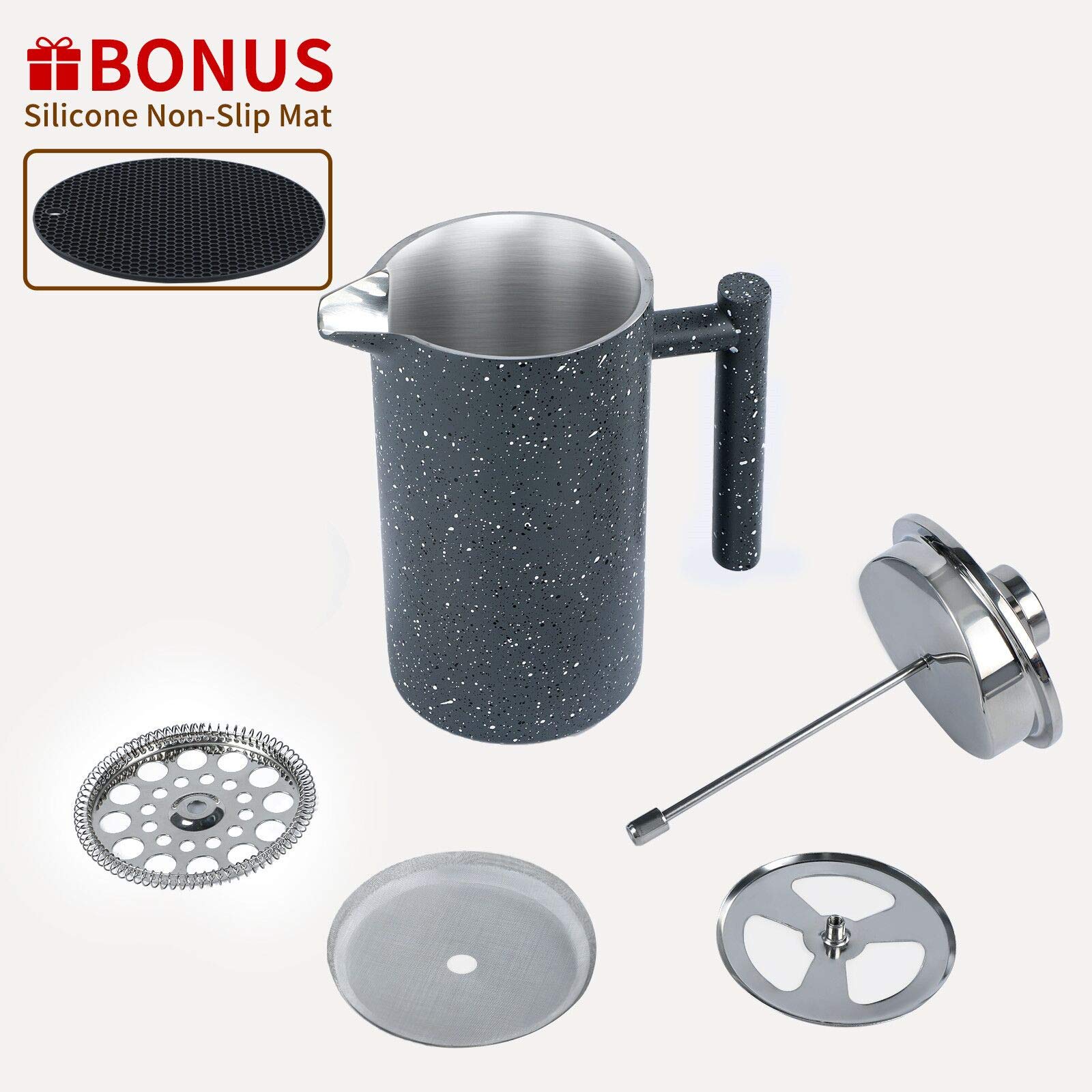 BAZZEFF French Press Coffee Maker 34oz with Double-Insulated Stainless Steel Large Metal Coffee Press with 3 Layer Filtration System for Ultimate Coffee Tea Brewing in Travel Camping or Home