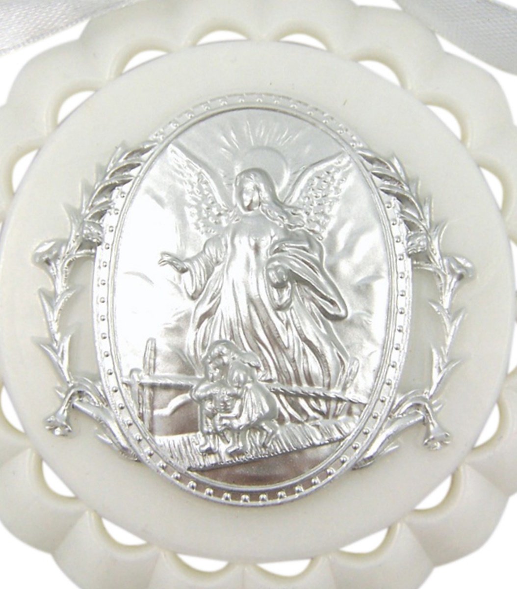 Moulded Acrylic White Crib Medal with Guardian Angel for Baby Nursery Decor, 3 1/2 Inch