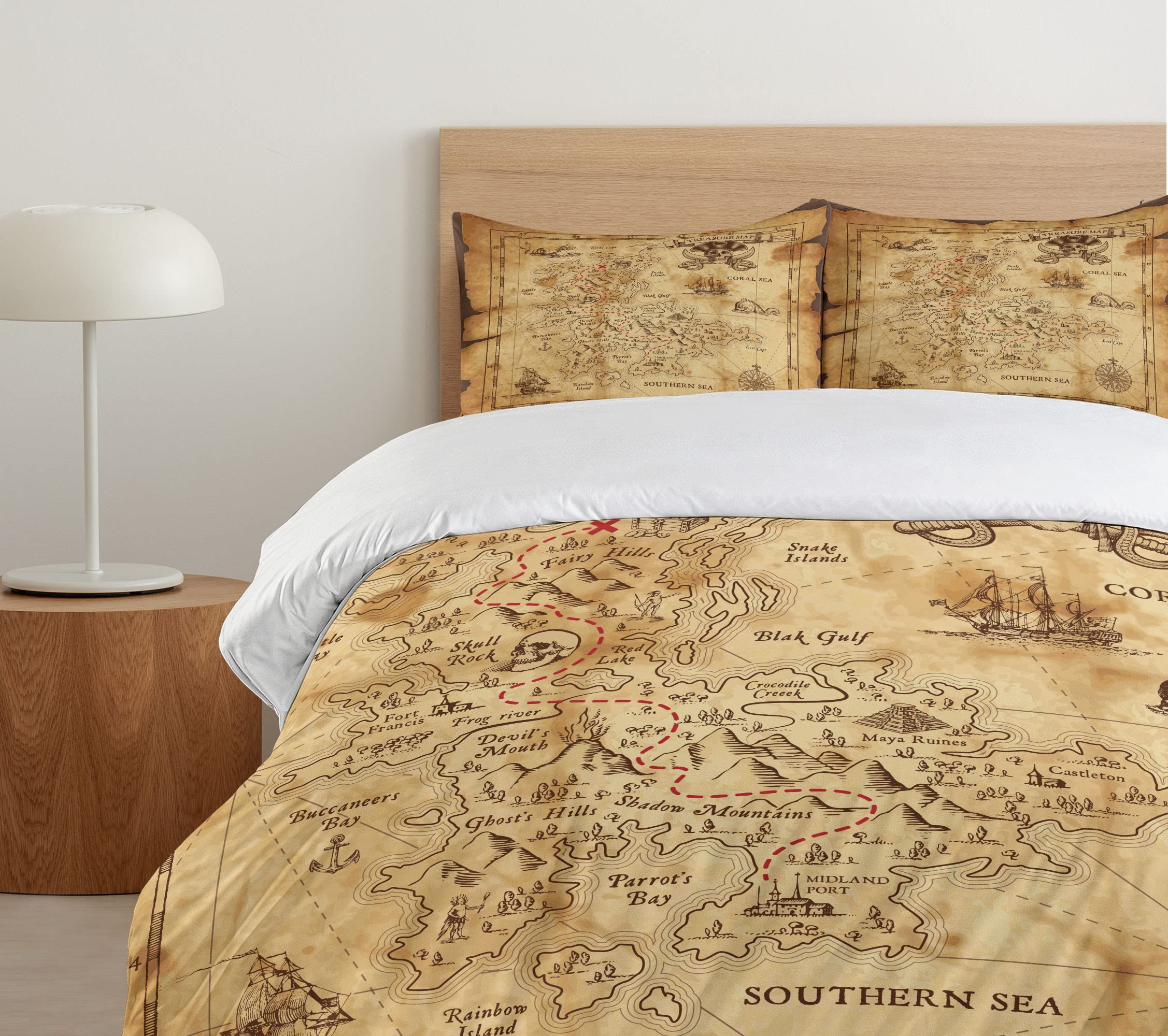 Ambesonne Island Map Duvet Cover Set, Super Detailed Treasure Map Grungy Rustic Pirates Gold Secret Sea History Theme, Decorative 3 Piece Bedding Set with 2 Pillow Shams, Queen Size, Beige Brown