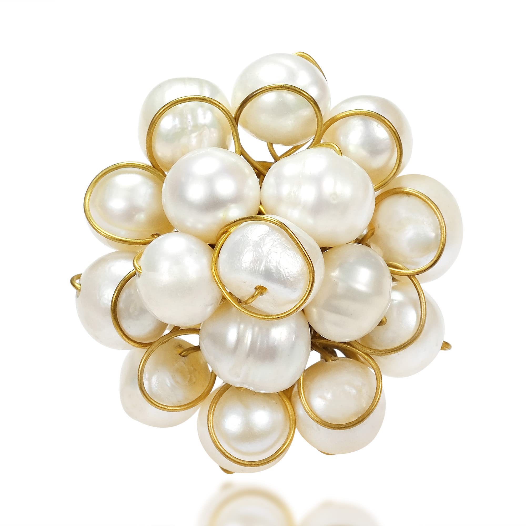 AeraVida Unique Round Front Cluster Cultured Freshwater Pearl Free Size Ring | Flower Shaped Vintage | Elegant Wedding Rings For Women | Casual Comfort Fit Silver Rings for Women | Large Ring Stone