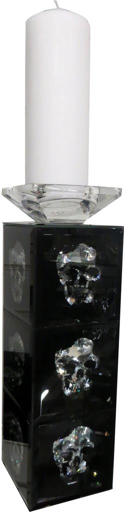 Sassy Home Triple Tier Black Glass Mirrored Floating Crystal Jewel Skull Pillar Candle Holder, 35 x 11 x 11cm, One Colour
