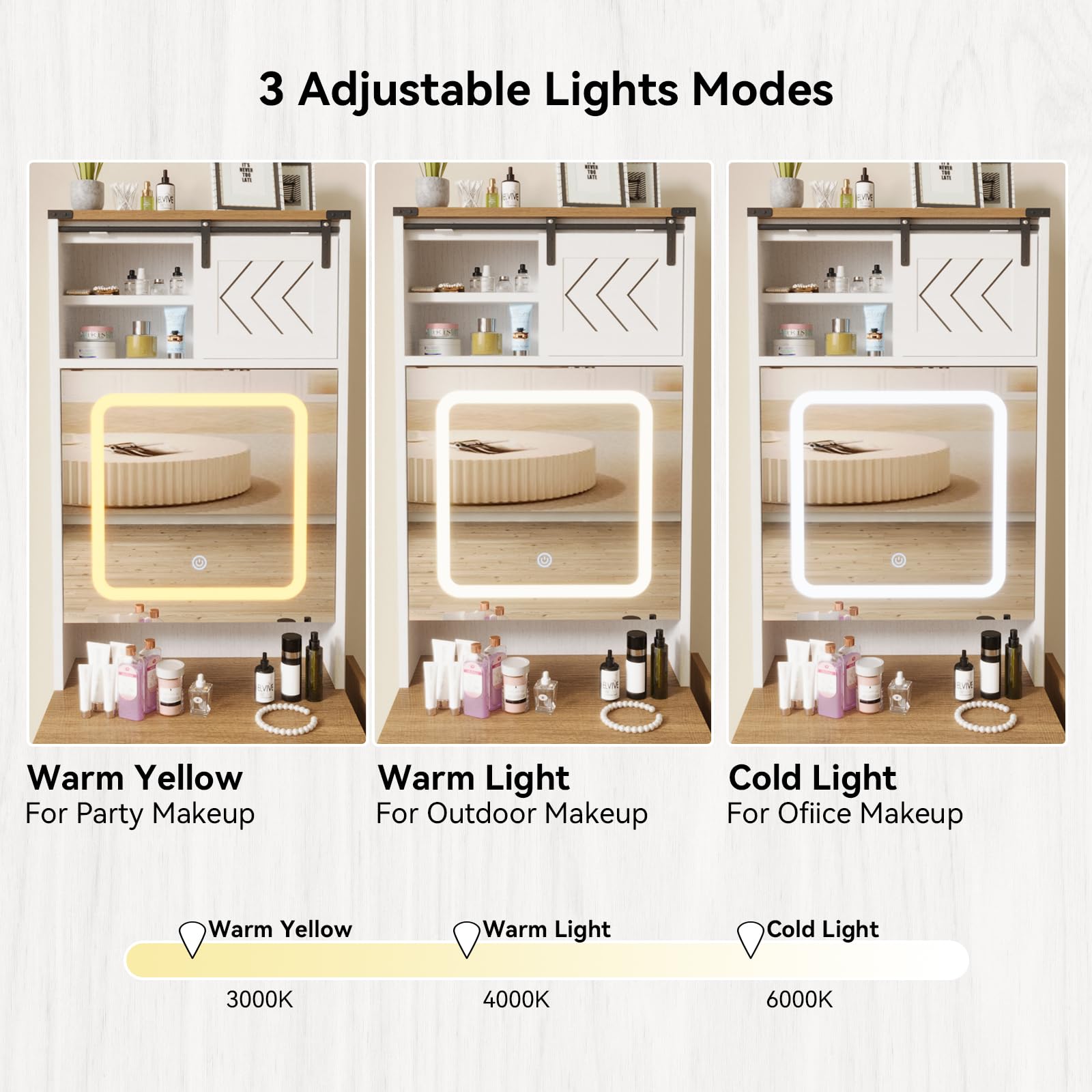 ARTETHYS Farmhouse Small Vanity Desk Set with Mirror Cabinet Compact Makeup Vanity Table with 3 Adjustable Lighted Mirror and Storage Chair for Small Space, White Dressing Table with Fold-up Panel