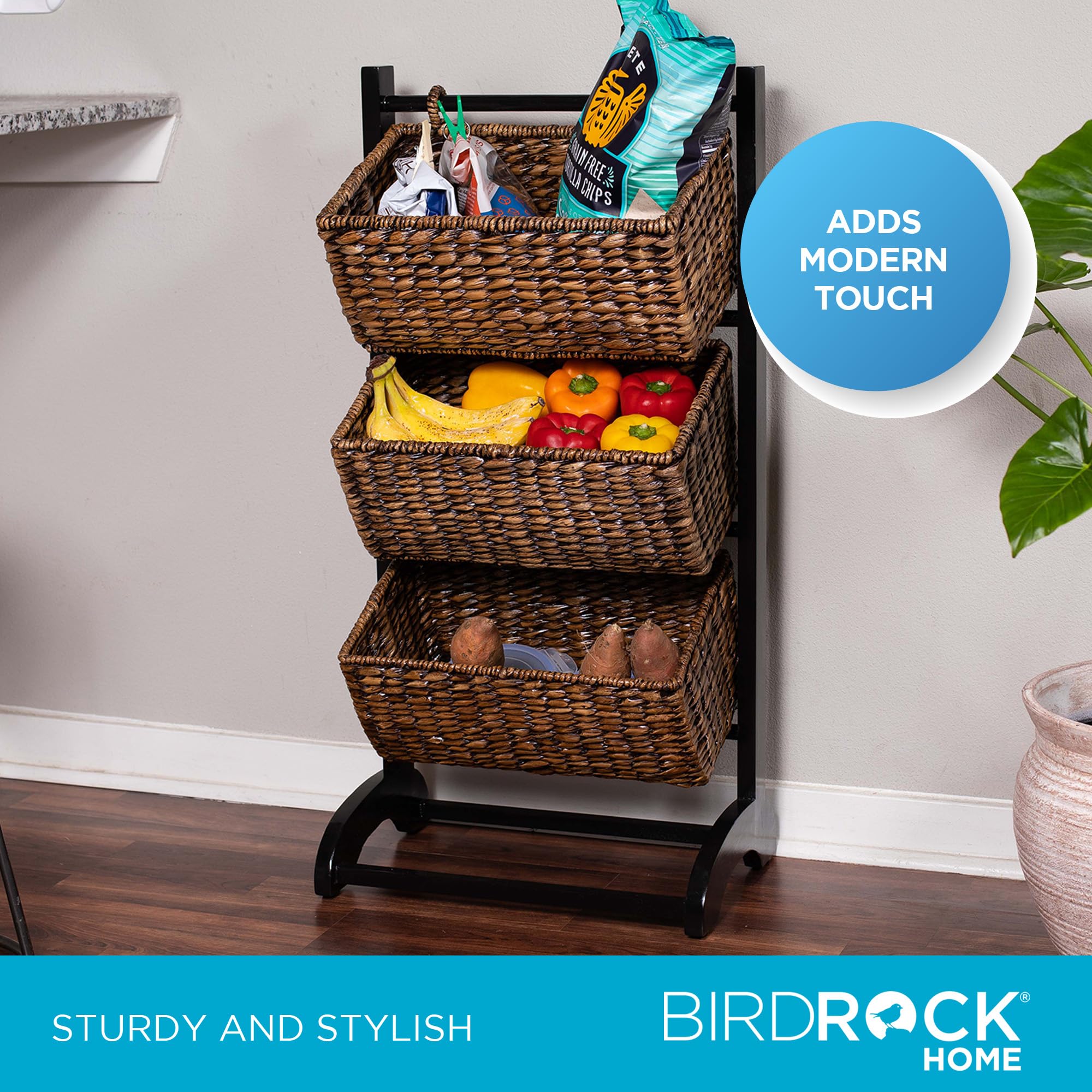 BIRDROCK HOME 3-Tier Abaca Storage Organizer Shelf with Solid Wood Frame - Durable Handwoven Abaca Fiber Baskets - Ideal for Organizing Living Rooms, Bedrooms, or Kitchens - Brown Wash, Espresso