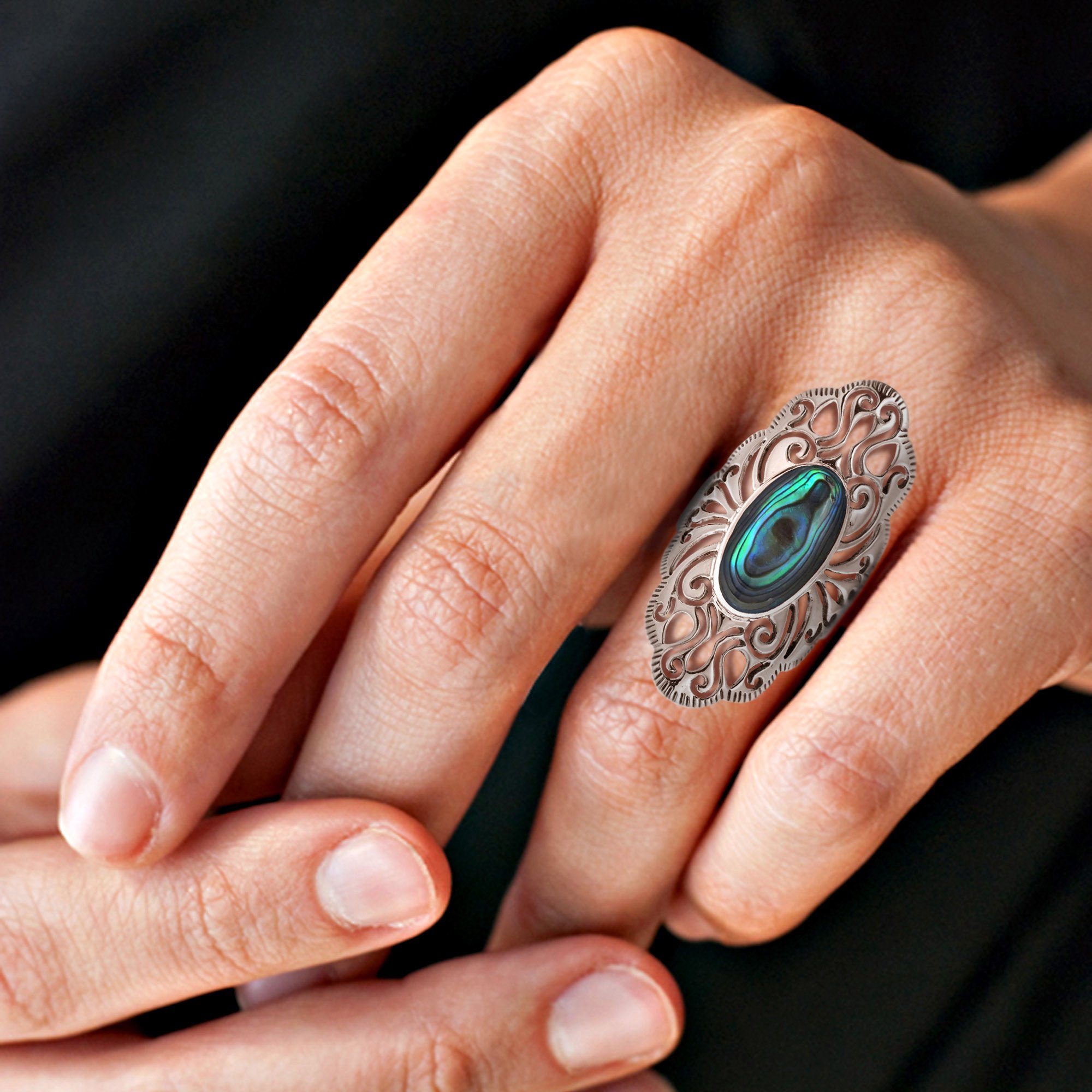 AeraVida Vintage Filigree Swirl Beauty Oval Abalone Shell .925 Sterling Silver Ring | Vintage Delicate Wedding Rings For Women (9)