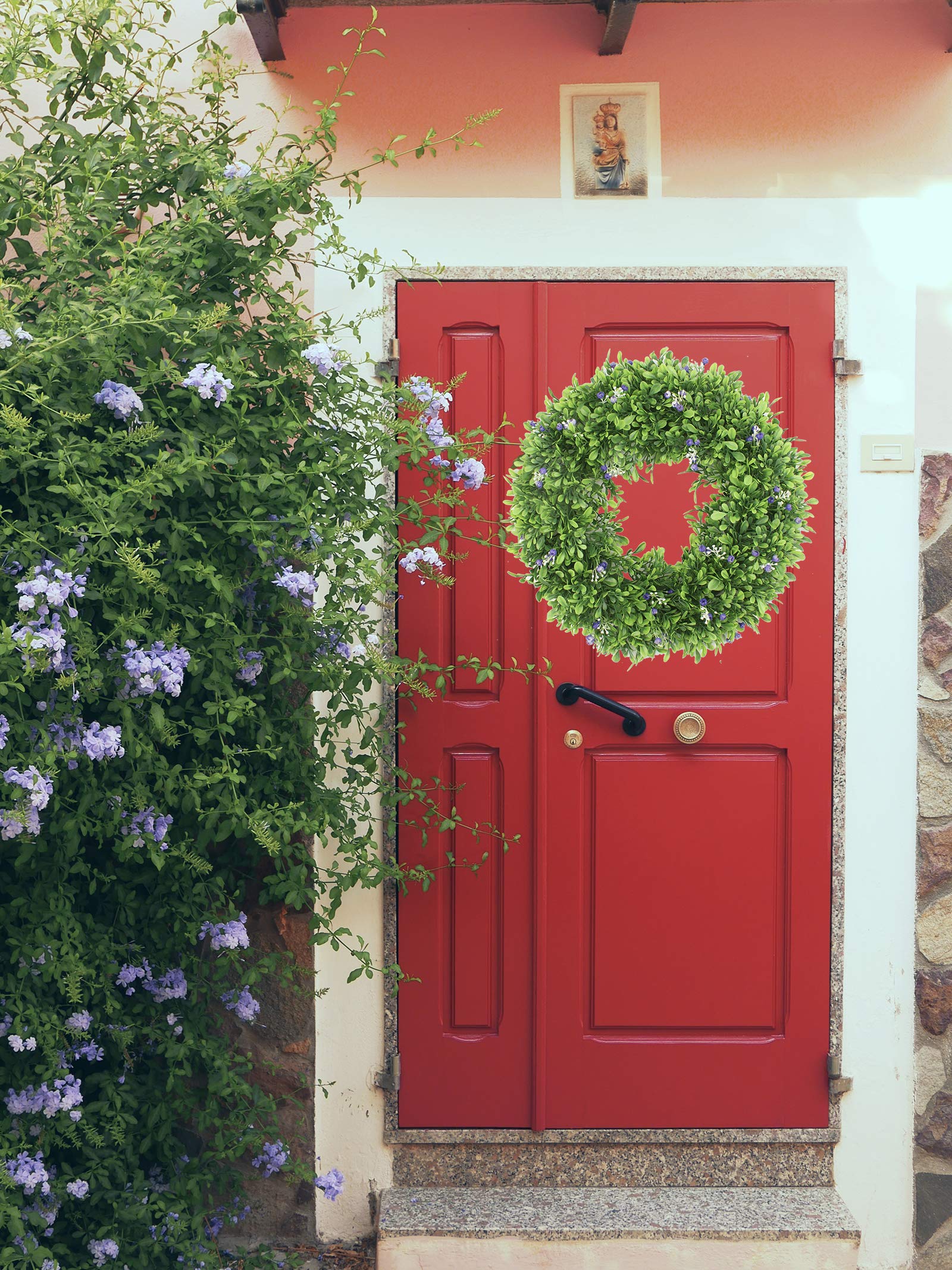 Delicaft 17" Artificial Boxwood Plastic Wreaths Spring Summer Front Door Wall Home Garden Office Wedding Decor (Green) (Green)