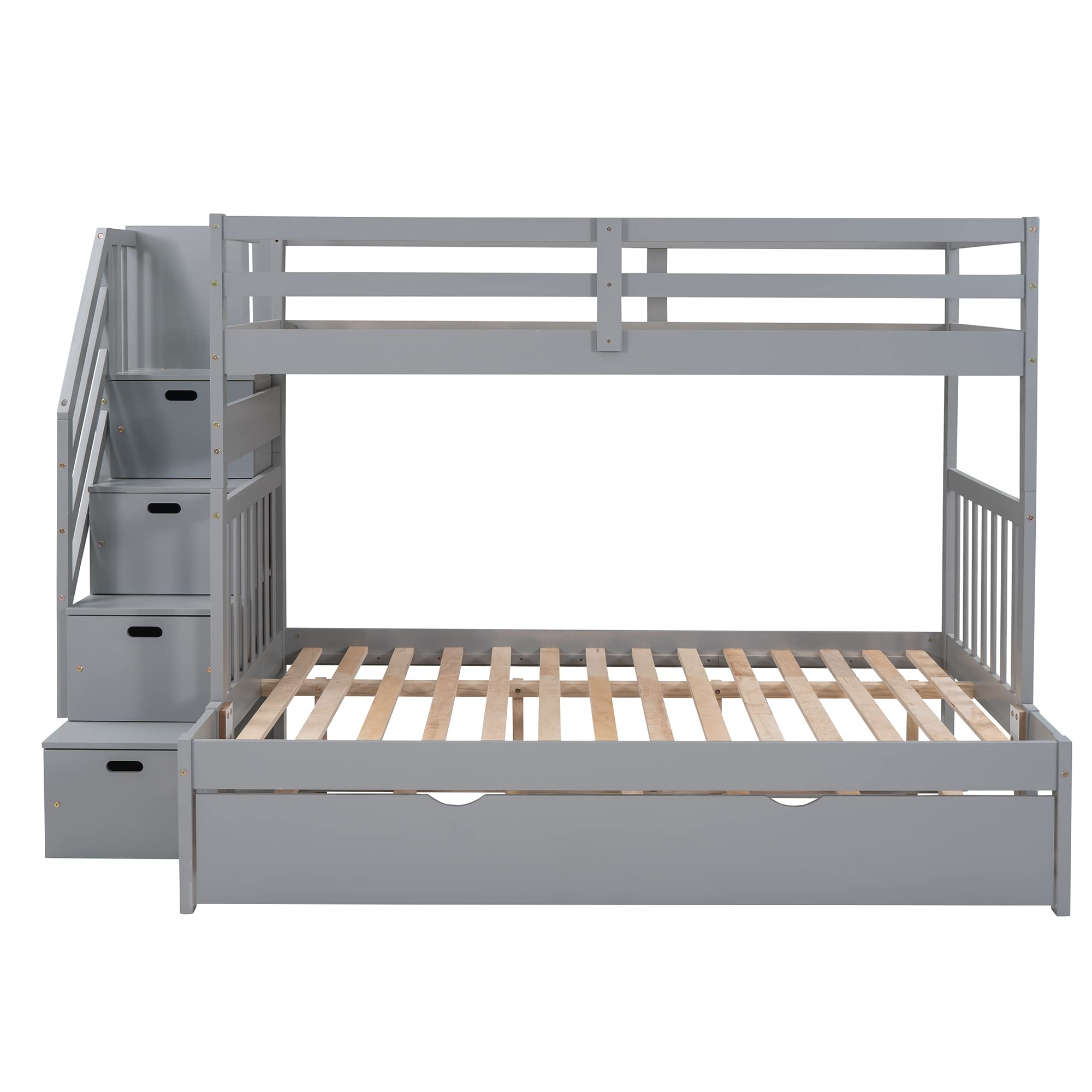 BIADNBZ L-Shaped Triple Bunk Bed for 3 Twin Size with Two Drawers and Built-in Stepladders for Kids/Teens,Gray
