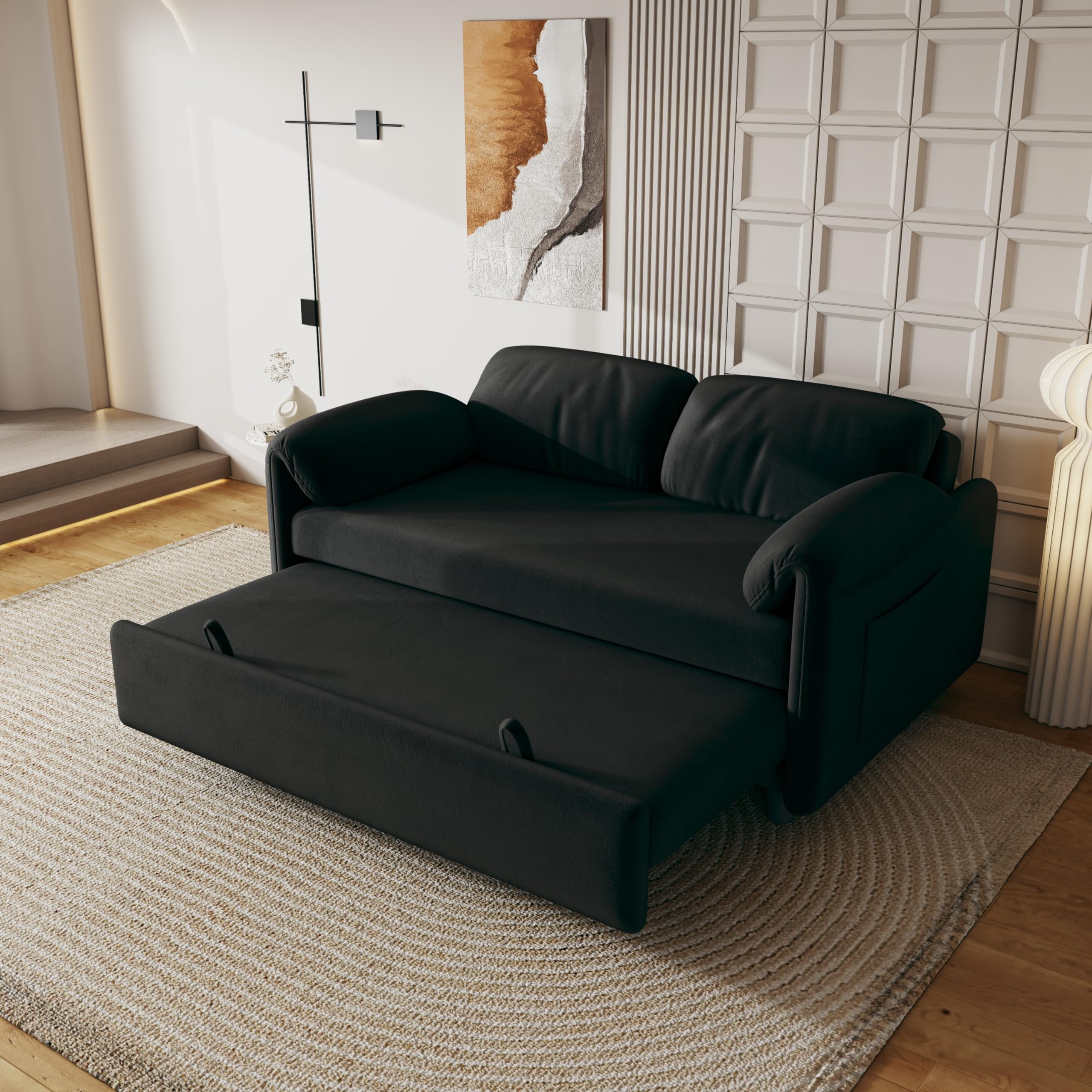 ARCLIS Pull Out Sofa Bed, 53'' Loveseat Sleeper, 3-in-1 Velvet Sleeper Sofa, Convertible Sofa Bed with Adjustable Backrest, Sleeper Couch for Living Room Bedroom Small Space (Black)
