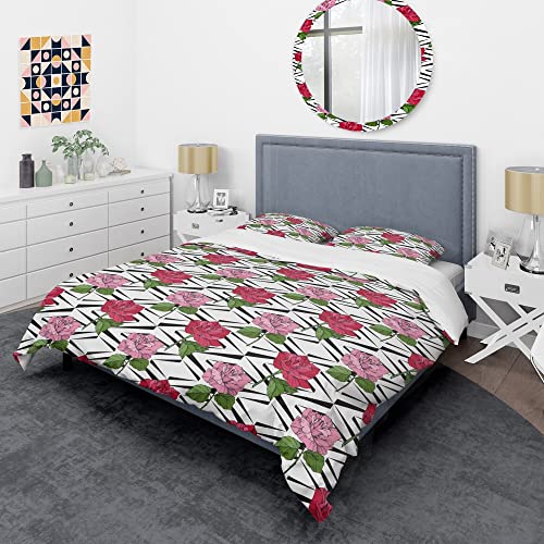 DESIGN ART Designart 'Retro Pink and Red Roses' Mid-Century Duvet Cover Set King Cover + 2 King Shams (Comforter not Included) 3 Piece