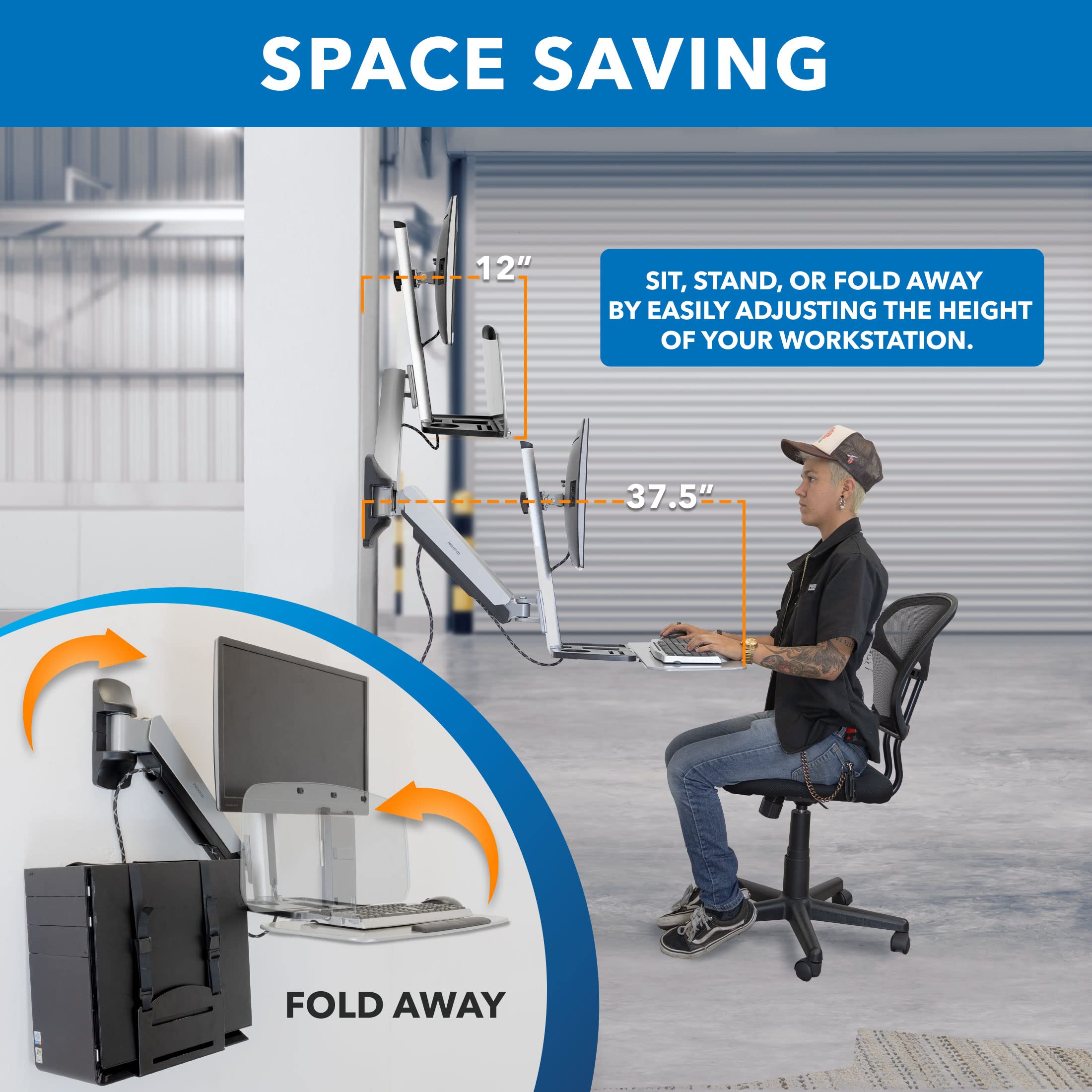 Mount-It! Sit Stand Wall Mount Workstation | Adjustable Height Stand Up Computer Station with Articulating Monitor Mount, Keyboard Tray, & CPU Holder | VESA Mount 75x75 and 100x100 | MI-7905