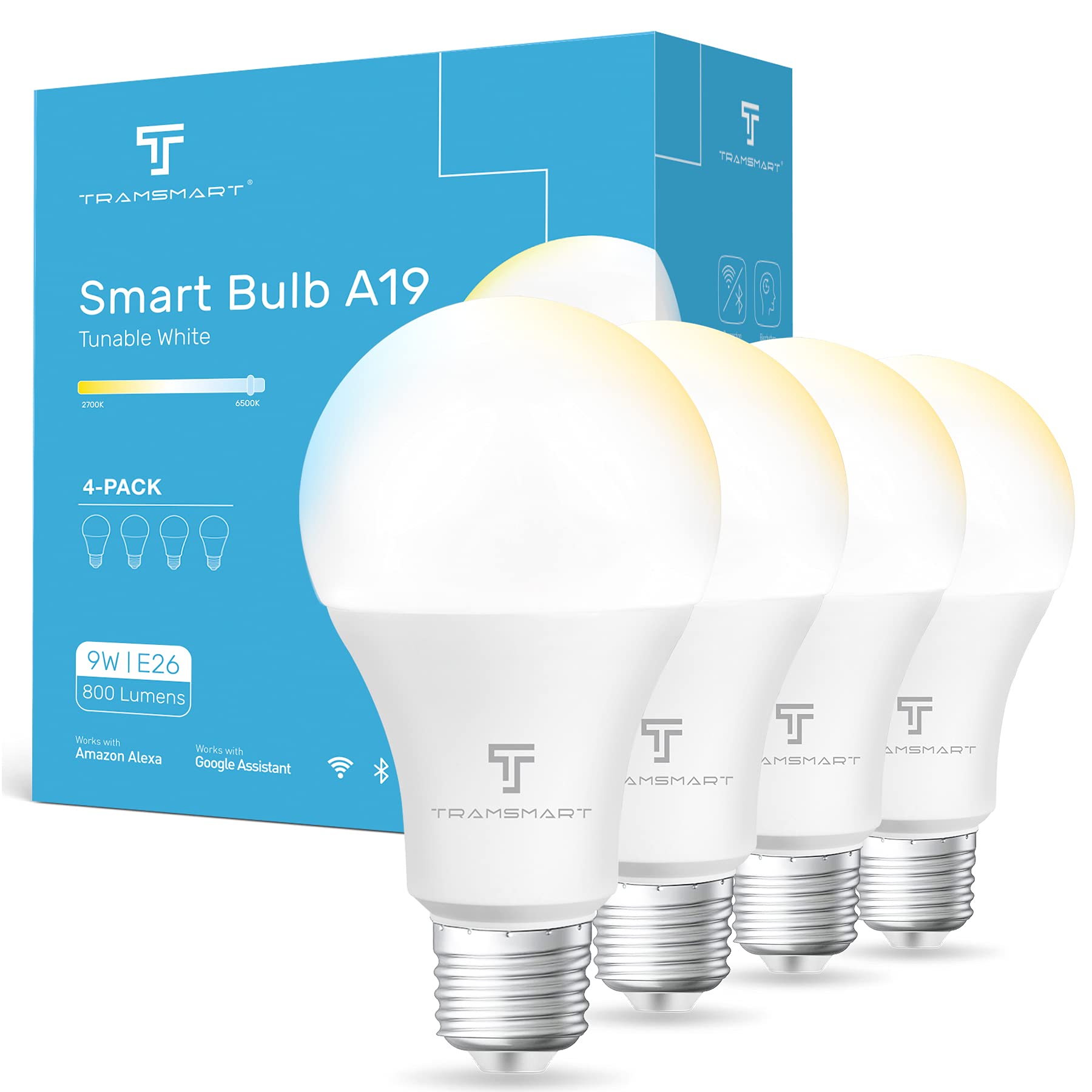 Alexa Light Bulb,Warm White Smart WiFi Light Bulb Compatible Google Home,A19 E26 800 Lumen Dimmable Smart Bulb 60 Watt Equivalent,No Hub Required APP and Voice Remote Control,2.4GHz WiFi Only,4 Pack