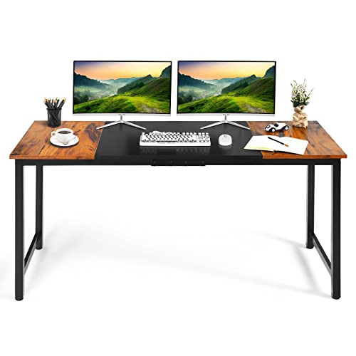 COSTWAY 63” Computer Desk, Modern Home Office Desk, Sturdy Steel Frame Writing Desk with Spacious Splice Desktop, Simple Laptop Desk for Study, Office, Dining Room, Simple Installation