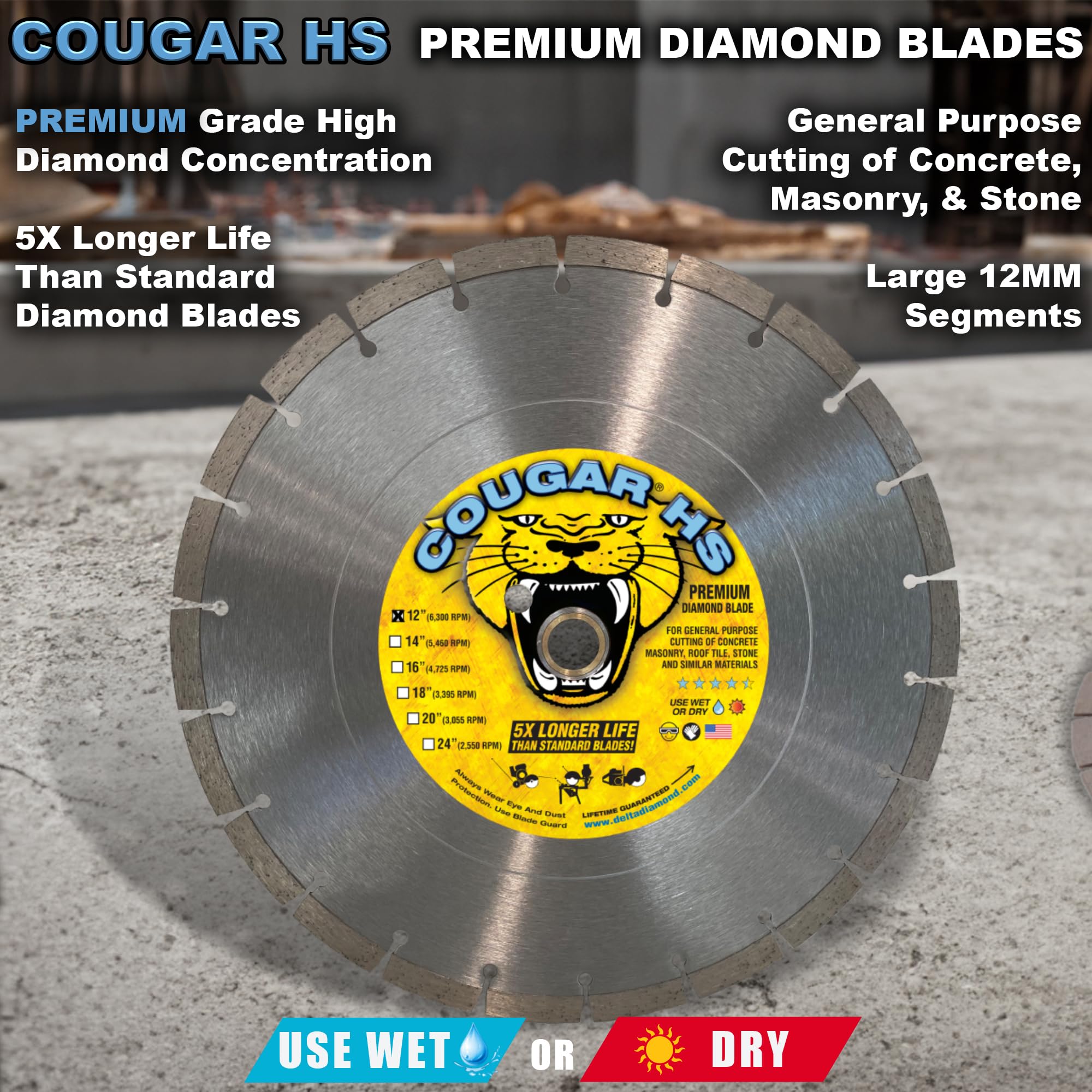 Delta Diamond Cougar HS 12 inch Diamond Blade, Premium, Segmented, General Purpose Dry or Wet Cutting of Concrete, Block, Paver, Brick (12" X 1"-20mm Arbor)