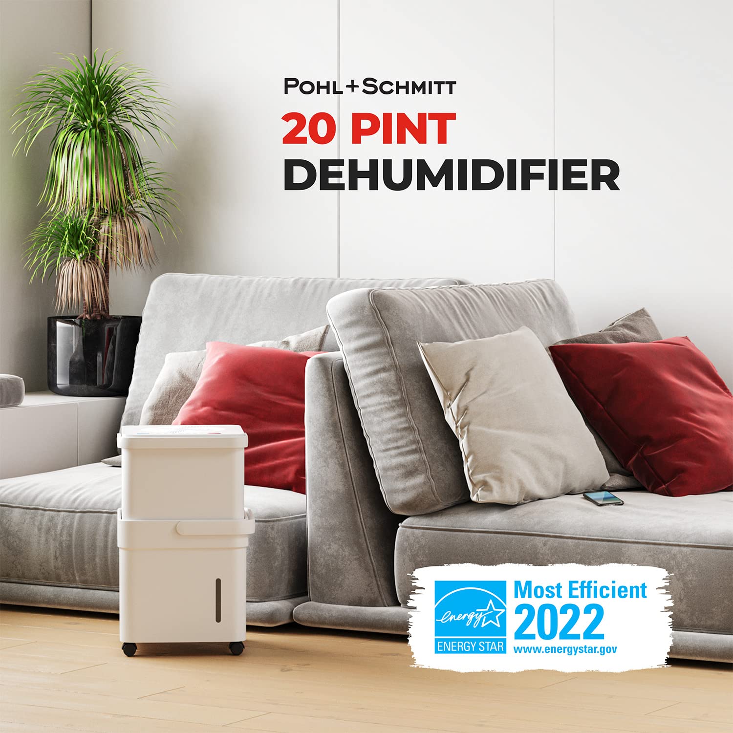 Pohl+Schmitt 2000 Sq Ft Cube Dehumidifier - 20 Pint Energy Star Portable Dehumidifier β Low Noise, Smart Humidity Control, and LED Control Panel with Lift and Twist Design
