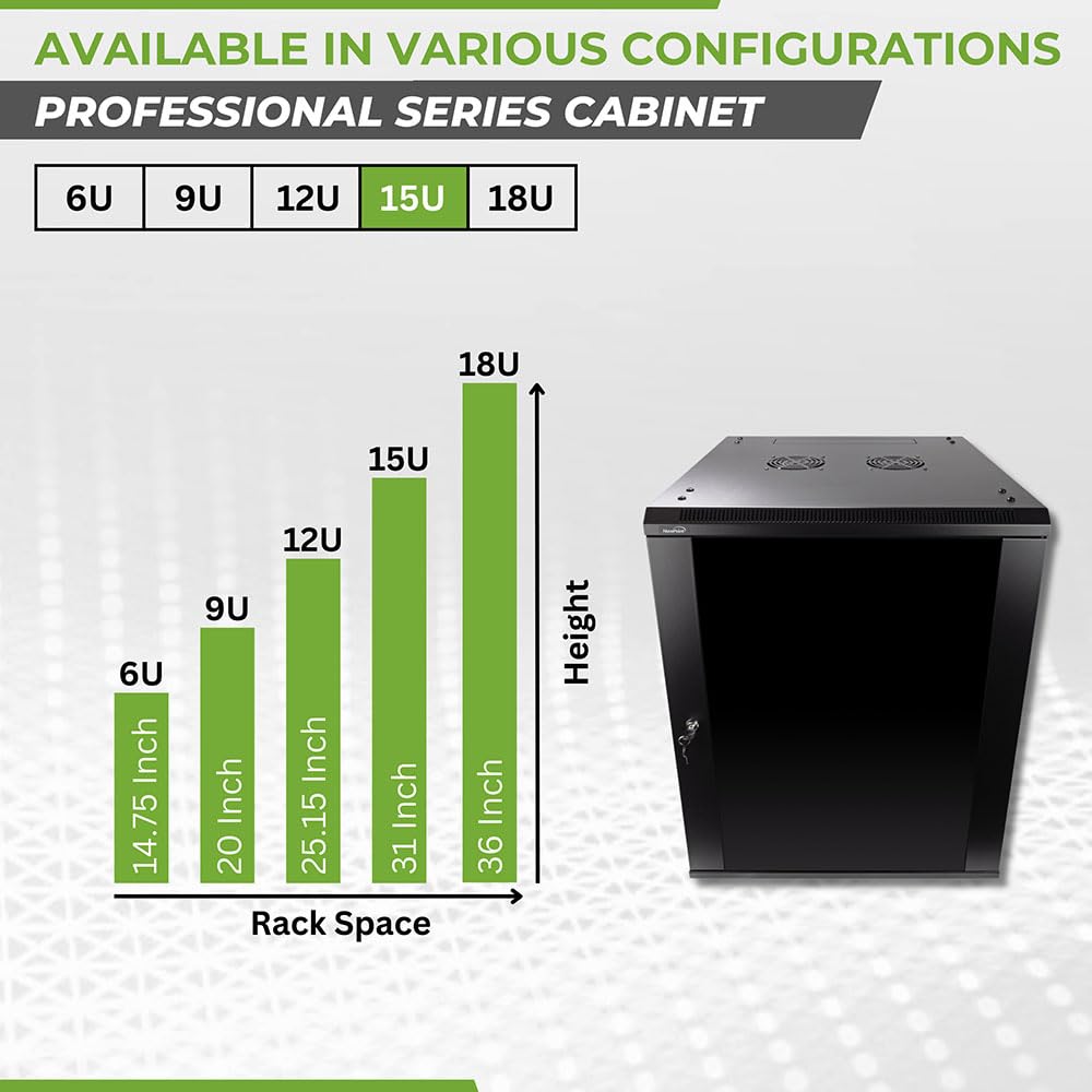 NavePoint 15U Server Rack Enclosure - 23.6” Deep, 15U Wall Mount Network Cabinet with Locking Glass Door for 19” IT Equipment, 15U Network Rack with 2 Fans, Removable Side Panels, Black