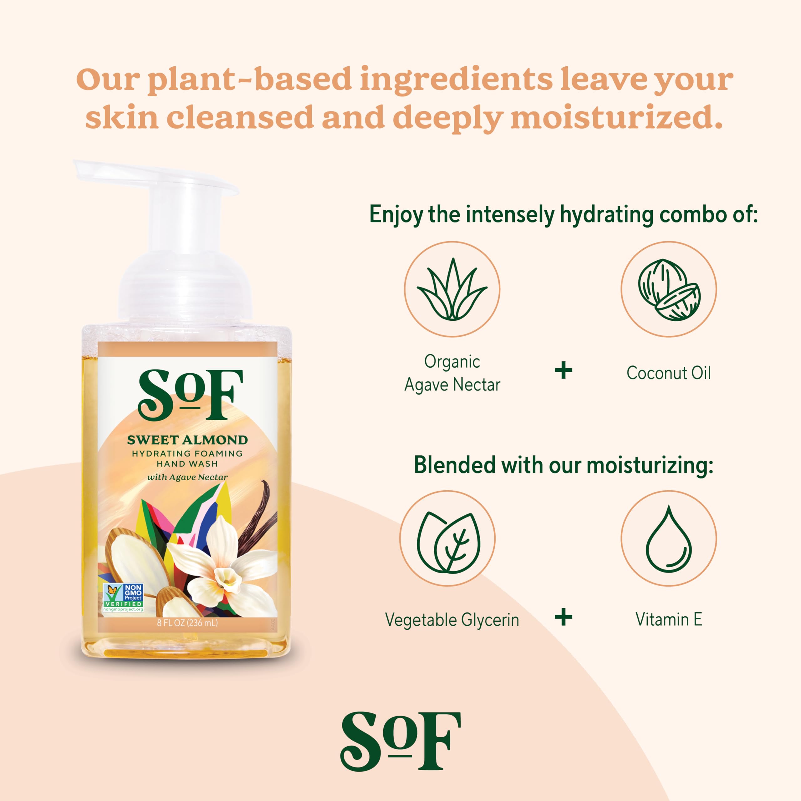 SoF Hydrating Foaming Hand Wash - With Organic Agave Nectar & Coconut Oil- Vegan & Non GMO- Free From Phthalates, Sulfates & Parabens- Sweet Almond - 8 oz Bottle 3 Pack