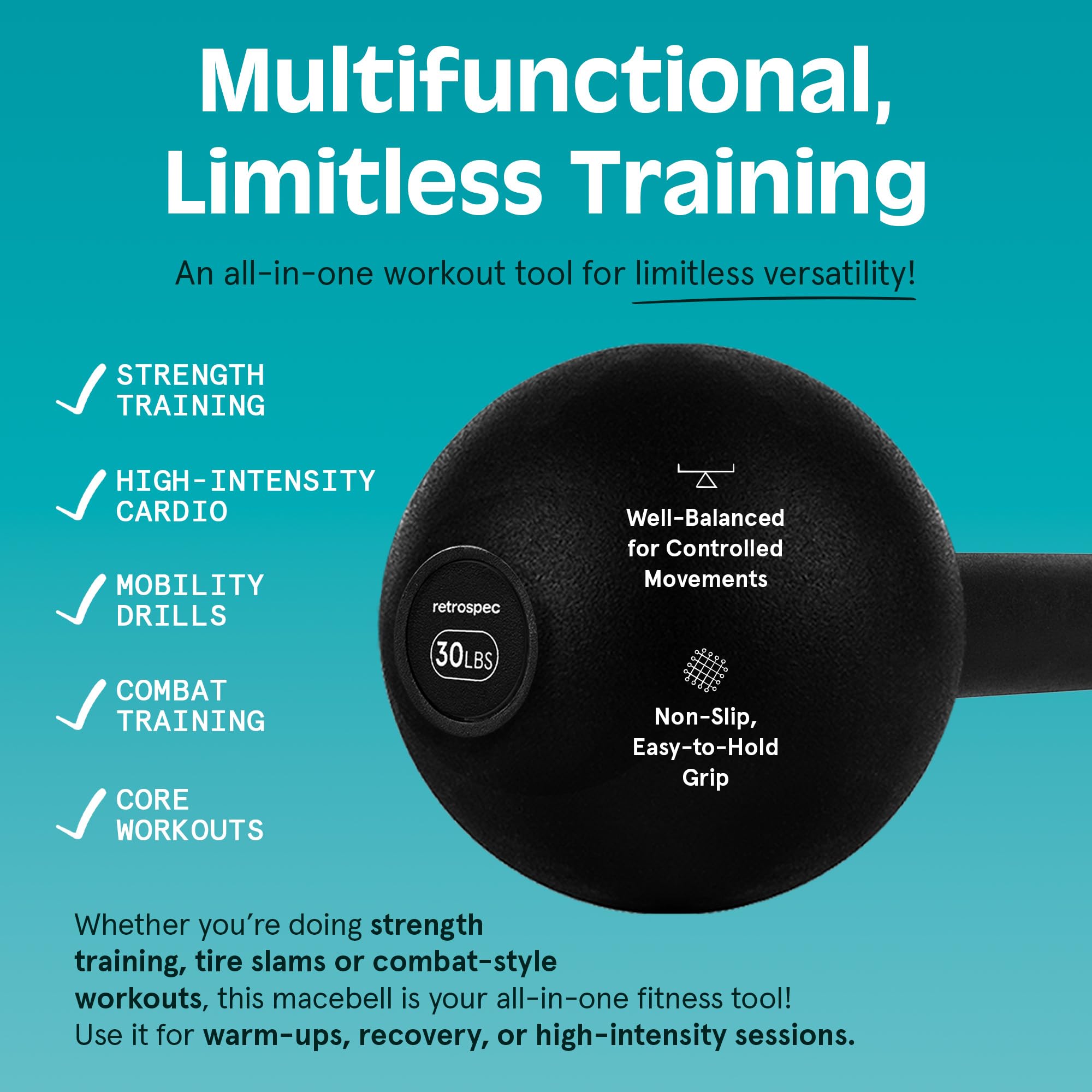 Retrospec Steel Macebell 5 to 30lbs for Men, Women Steel Mace Strength Training, Full Body Workouts , Matte Black, 7 lbs