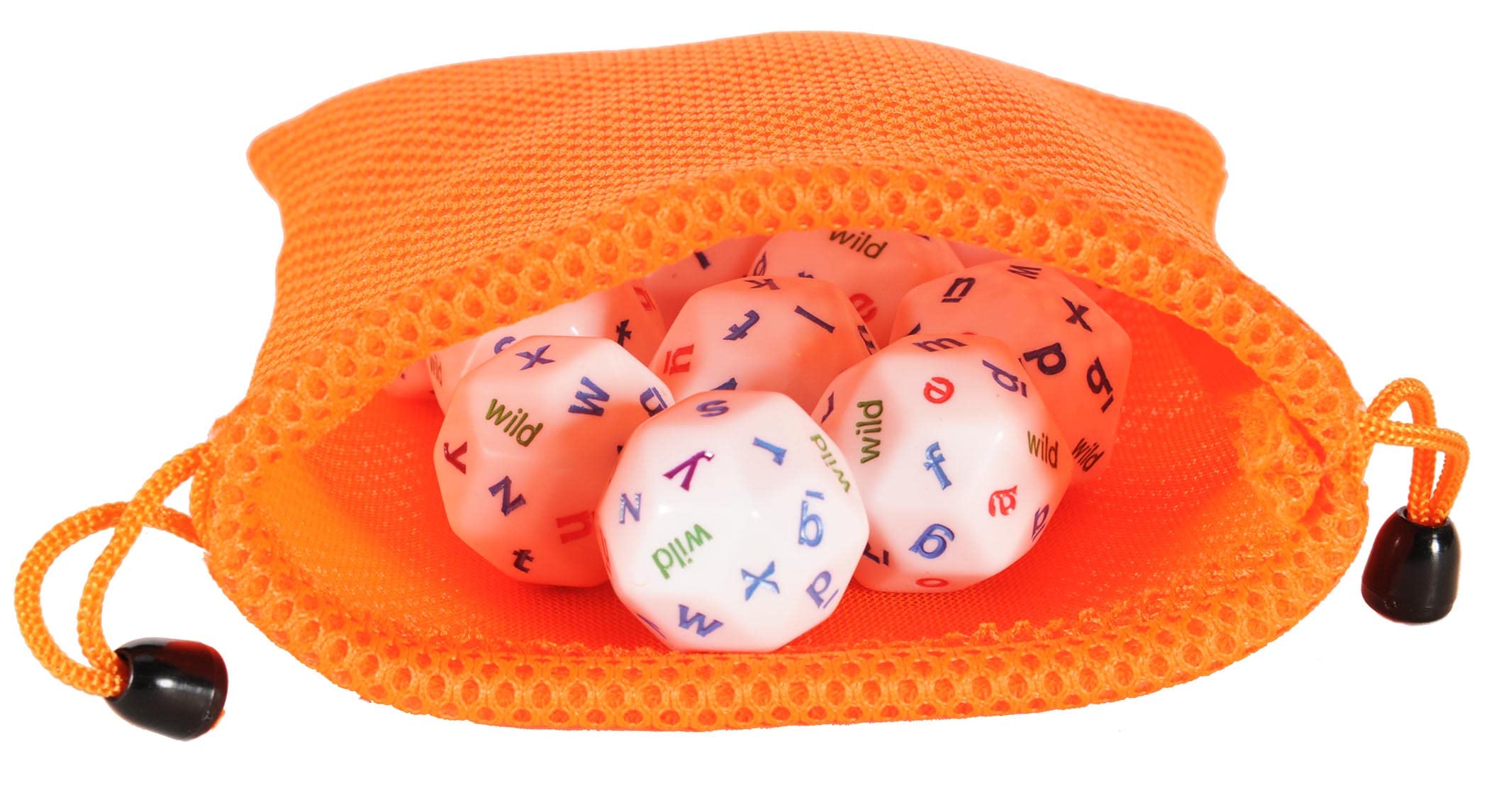 Deluxe Games and Puzzles Alphabet Dice, 30 Sided, Jumbo, Set of 12 Identical Dice, with Orange Mesh Drawstring Pouch, Bundled Item